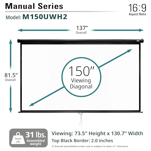 Elite Screens Manual Series, 150-INCH 16:9, Pull Down Manual Projector Screen with AUTO LOCK, Movie Home Theater 8K / 4K Ultra HD 3D Ready, 2-YEAR WARRANTY, M150UWH2