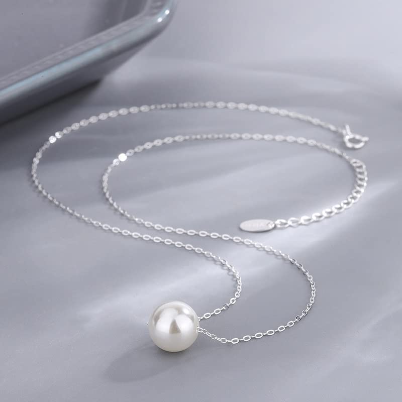925 Sterling Silver Single Pearl Choker Necklaces Floating 8mm Shell Pearl Wedding Bridesmaids Necklace for Women, white (CYX0009)