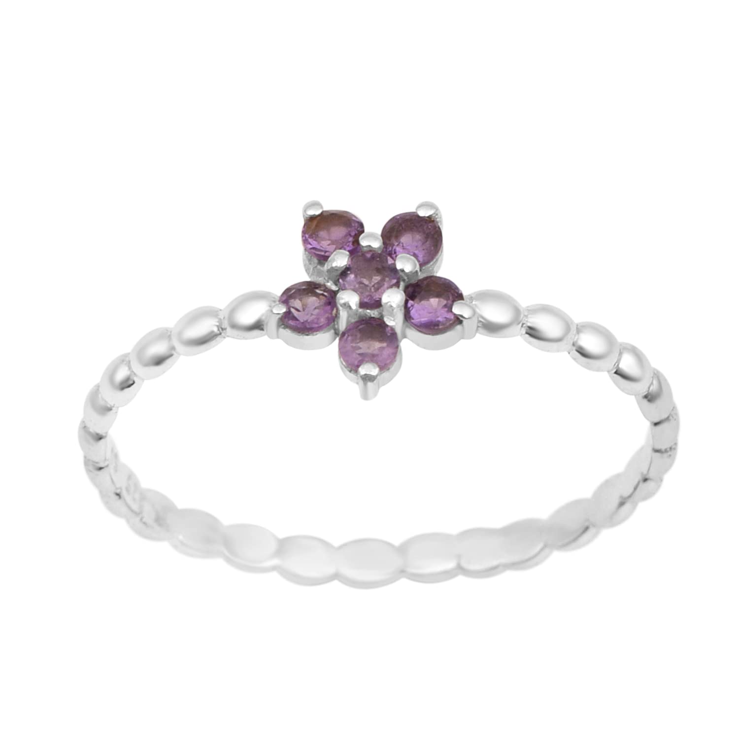 925 Sterling Silver 0.25 Ctw Natural Gemstone Birthstone Stackable Women Wedding Ring (Round 2 MM) (Aquamarine, 7)
