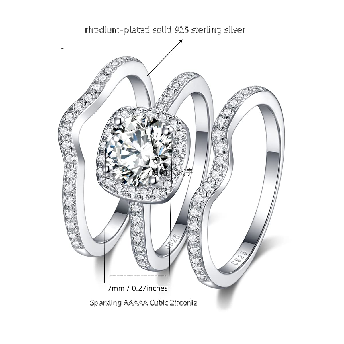 925 Sterling Silver 3 Pcs Bridal Ring Sets Round Cut CZ Engagement Rings for Women Wedding Bands for Women Size 6 7 8 9 (Silver, 6)