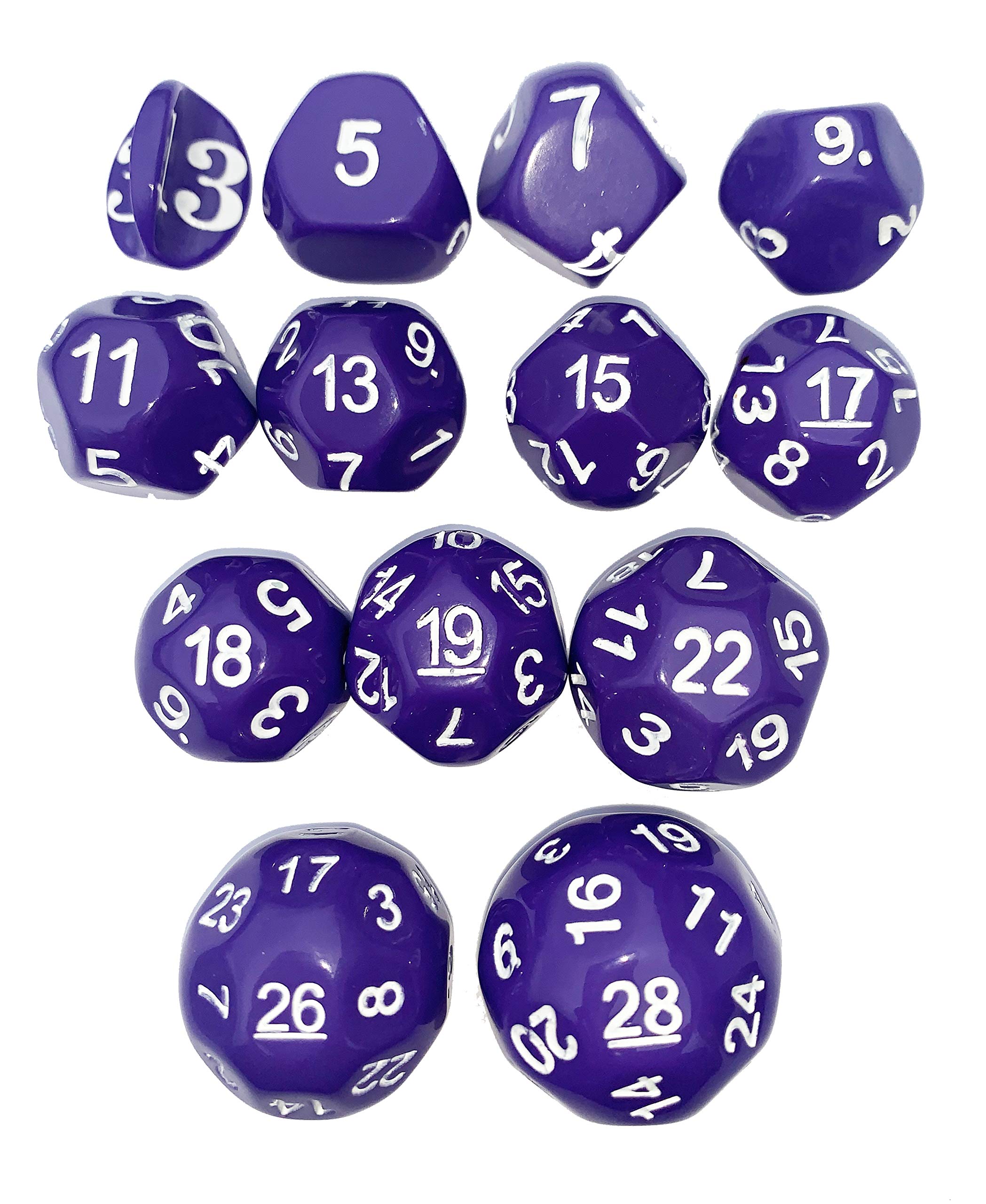 Impact! Miniatures Purple - Weird RPG Poly Dice Set - D3, D5, D7, D9, D11, D13, D15, D17, D18, D19, D22, D26 & D28