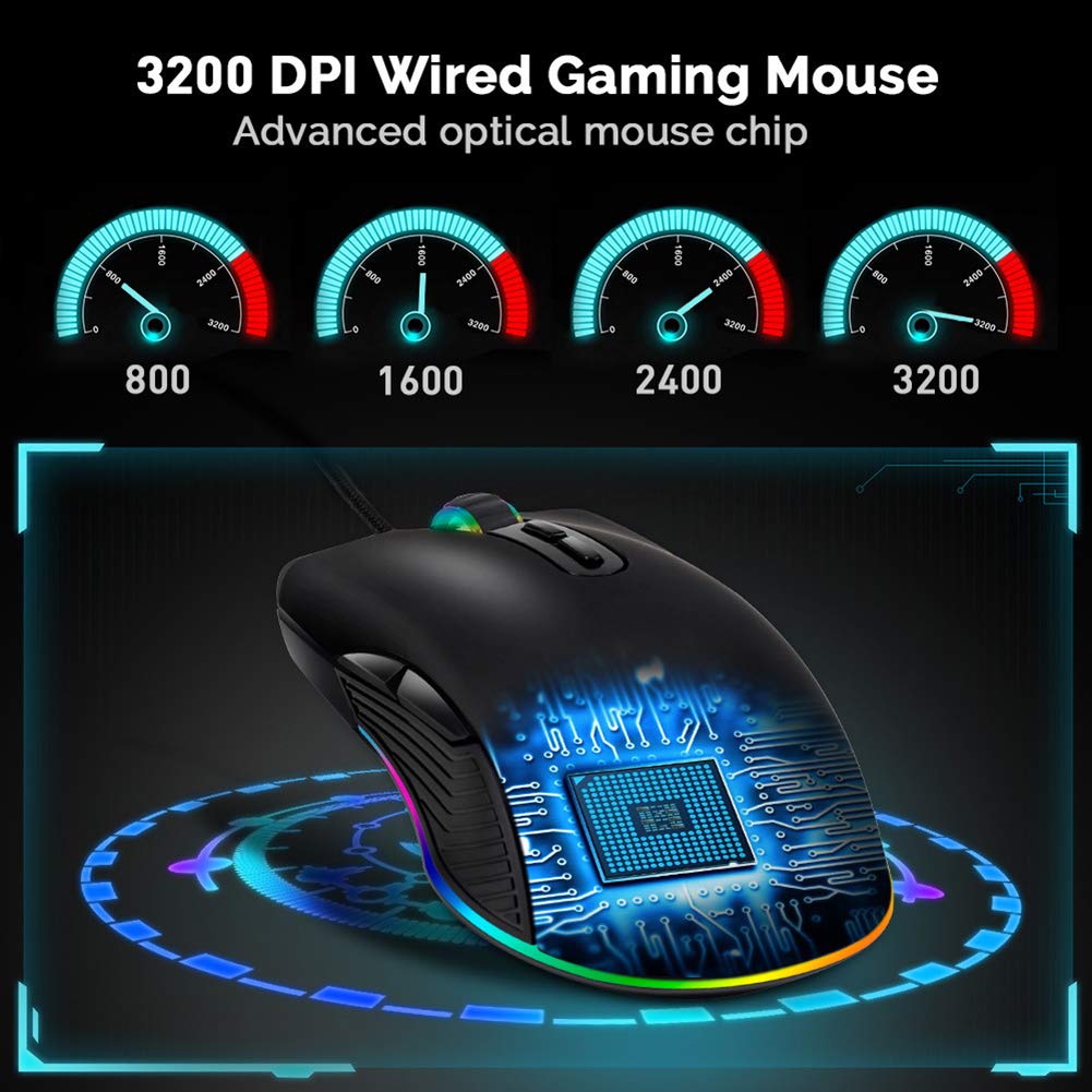 FIRSTMEMORY USB C Mouse Type C Ergonomic Wired Mouse RGB Gaming Mouse Optical Mice with Adjustable DPI 800/1600/2400/3200 Compatible with Notebook, PC, Laptop, MacBook and All Type-C Device (Black)