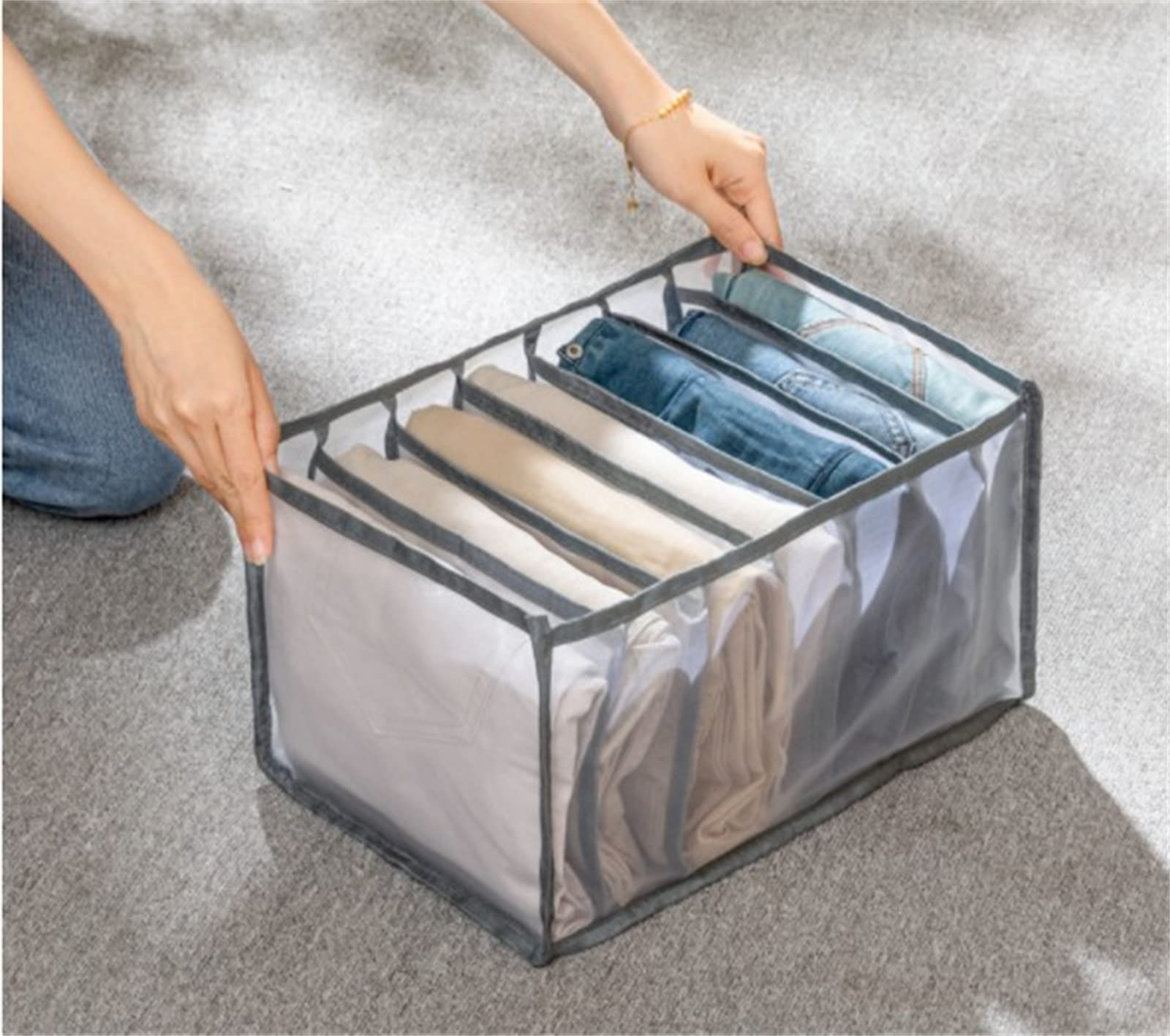 Wardrobe Clothes Organizer, 7 Grids Mesh Foldable Drawer Organizers for Clothing, Washable Clothes Organizer for Folded Clothes for Jeans, Leggings, Underwear, Socks, T-shirts, Grey (1PCS)