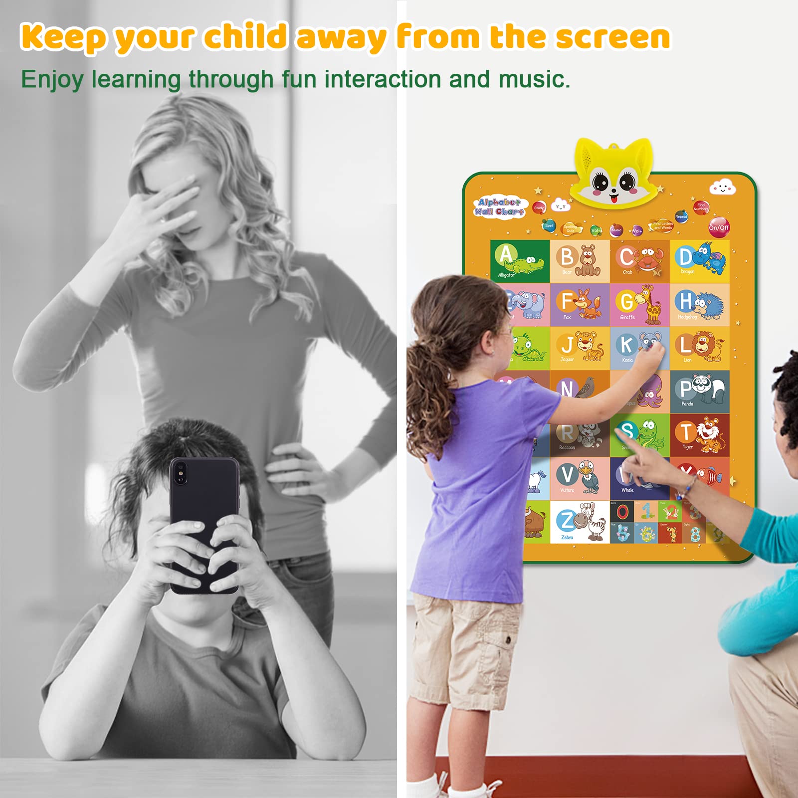 Interactive Alphabet Wall Chart, RenFox Upgraded Double-Sided Electronic Talking ABC & 123 & Animals & Music Poster Early Learning Toys for Toddlers, Preschool Educational Gift for Kids Boys Girls 2+