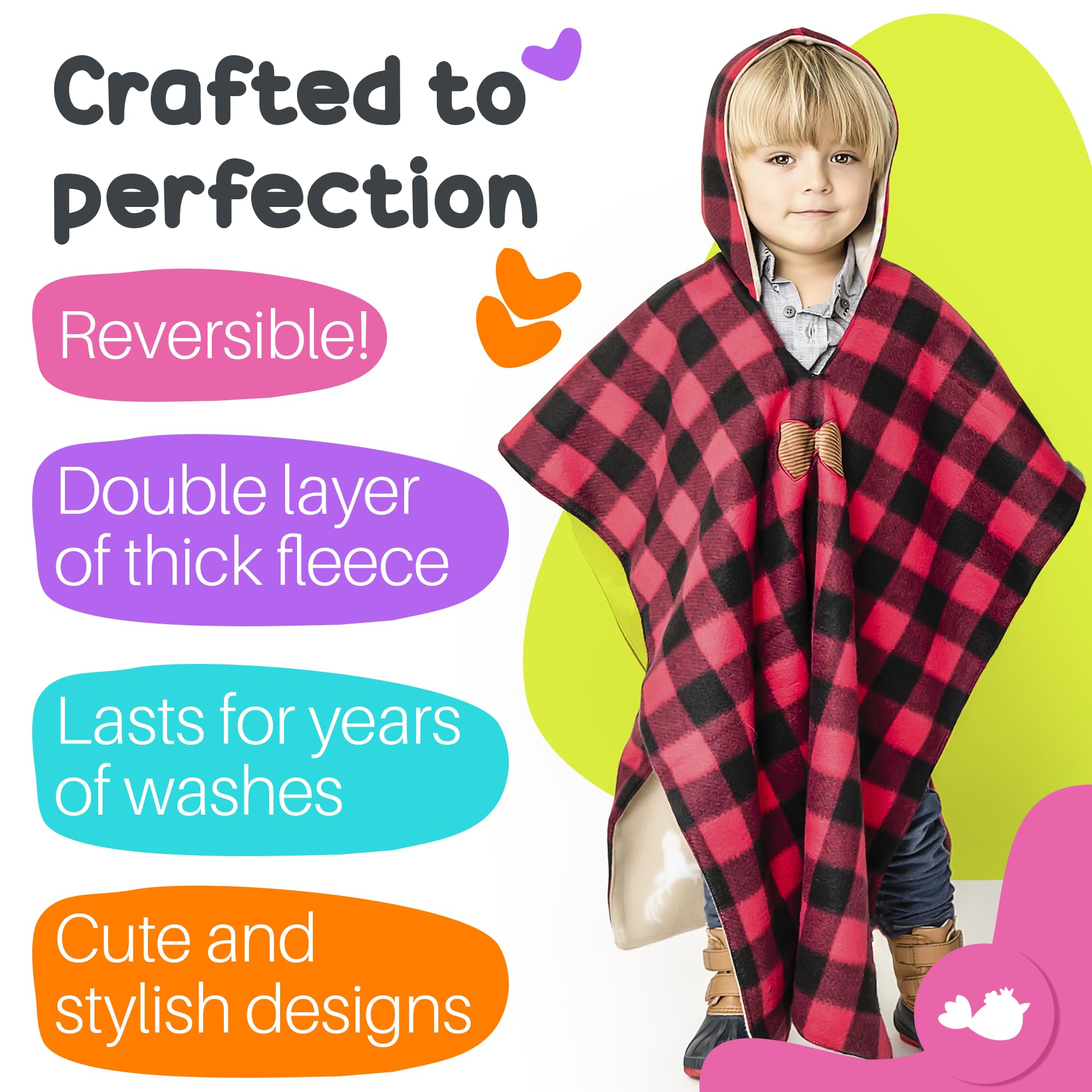 Birdy Boutique Car Seat Poncho for Kids – Safe to Use Over Seat Belts – Reversible Warm and Cozy Blanket – Easy on Easy Off and Doesn’t Impact Car Seat Performance – Deer and Buffalo Plaid – One Size