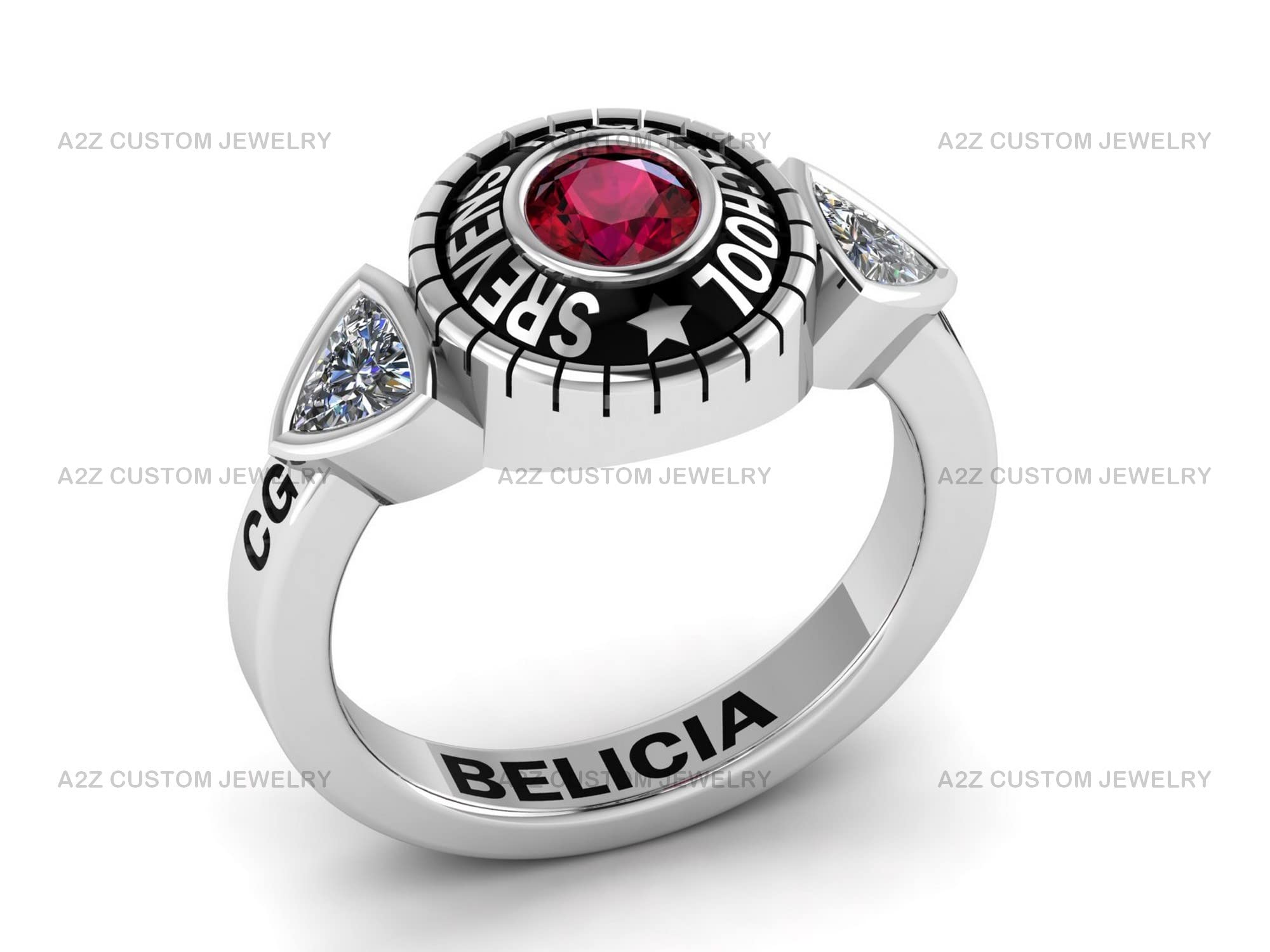 A2Z CUSTOM JEWELRY Customized Women’s High School and College ROUND CZ birthstone Class Ring | Personalized Sterling Silver with trillion moissanite accents