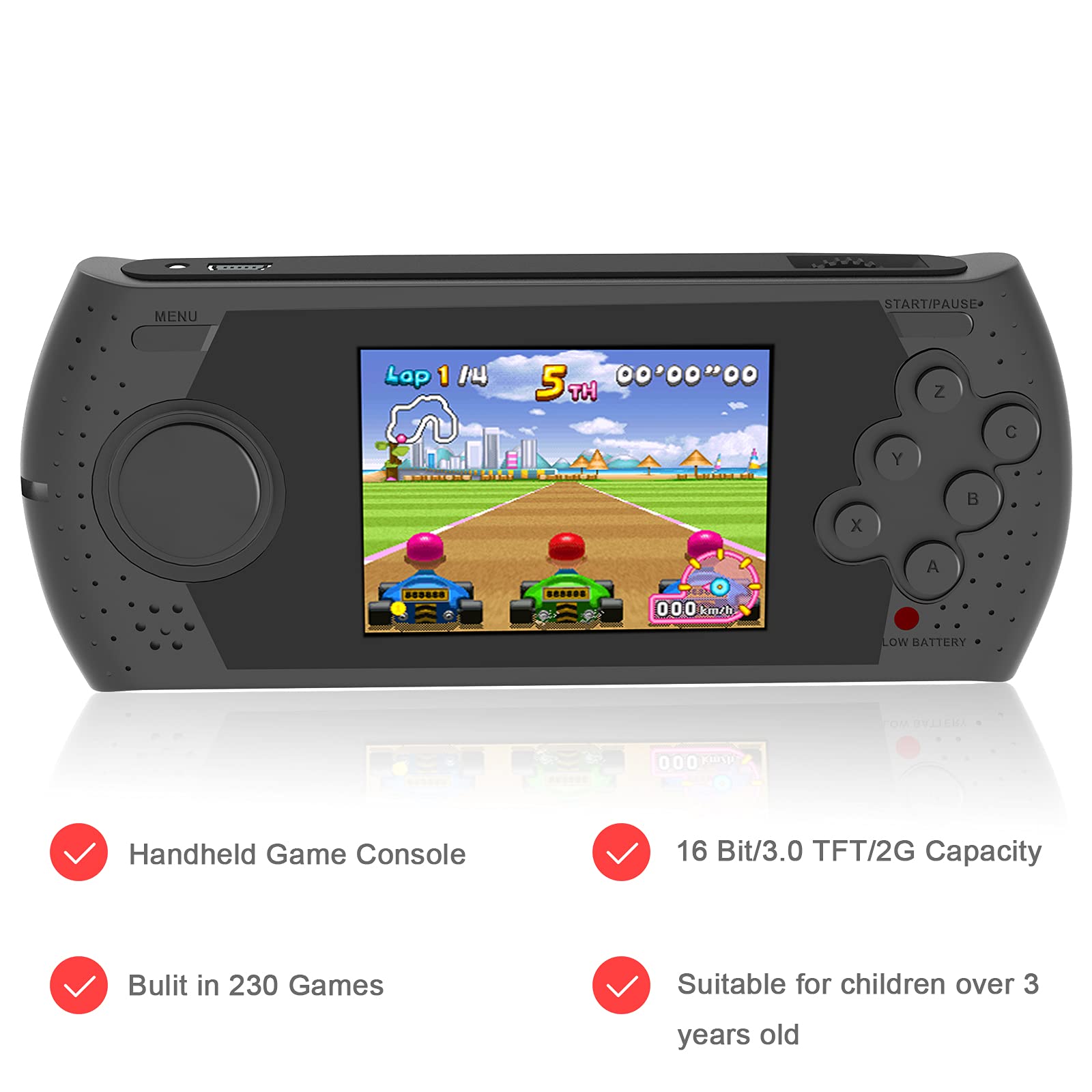 Handheld Games for Kids 16 Bit Retro Video Game Player Built-in 230 HD Games 3” TFT Screen Rechargeable Electronic Games Support Headphone for Best Gift (Black)