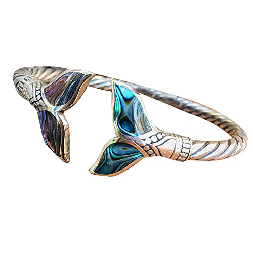 Abalone Shell and Mermaid Tail Bangle Bracelet Adjustable Bangle Open Hand Chain for Women, Birthday Charms, Shiny Finish