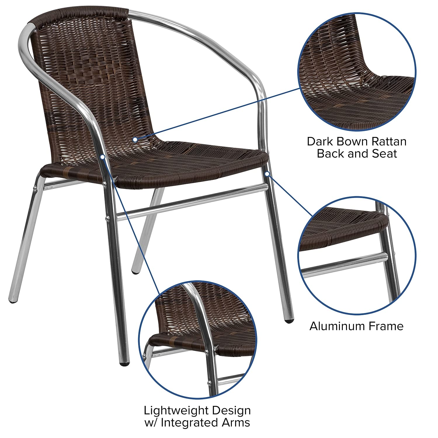 Flash Furniture Lila 4 Pack Commercial Aluminum and Dark Brown Rattan Indoor-Outdoor Restaurant Stack Chair