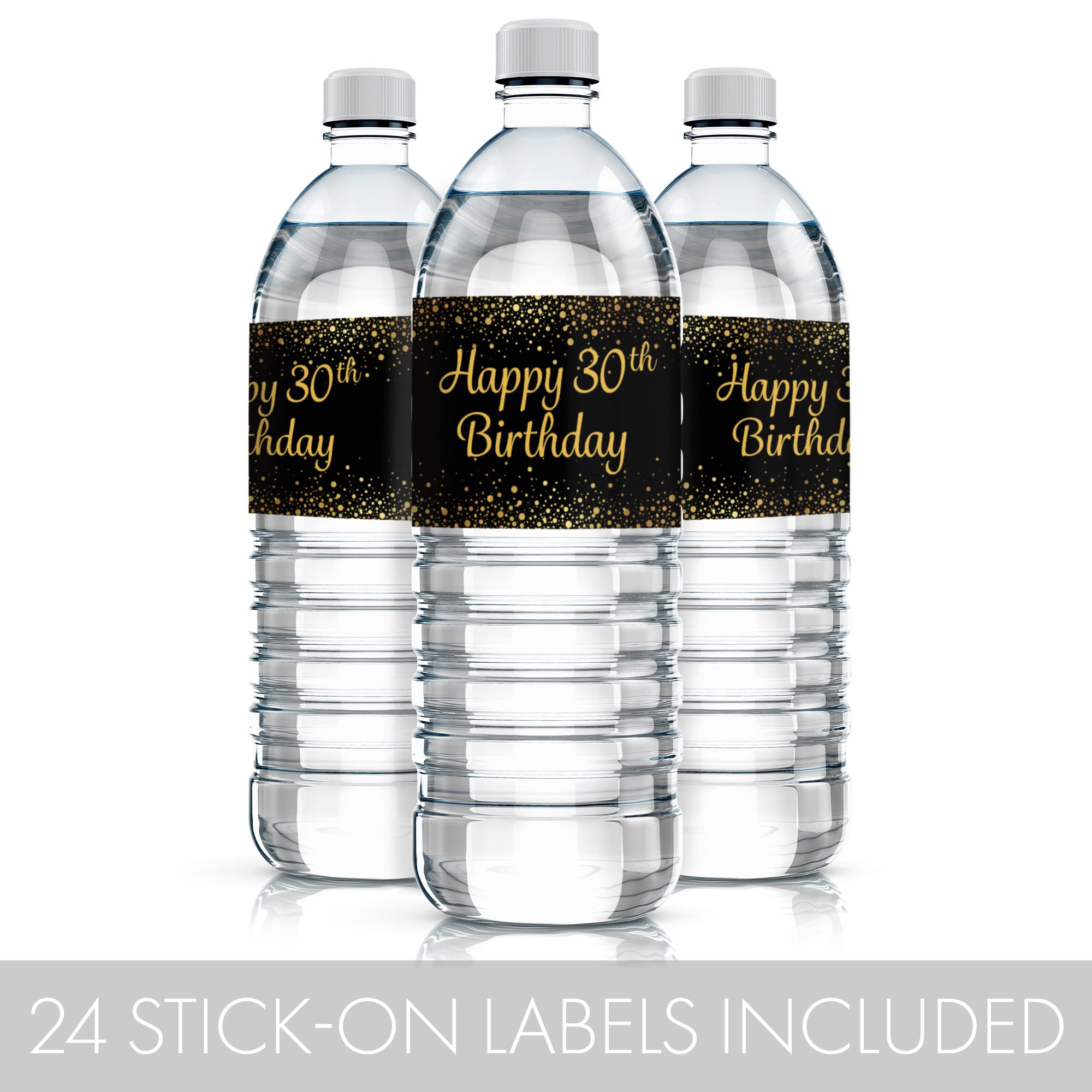 Black and Gold 30th Birthday Party Water Bottle Labels - 24 Stickers