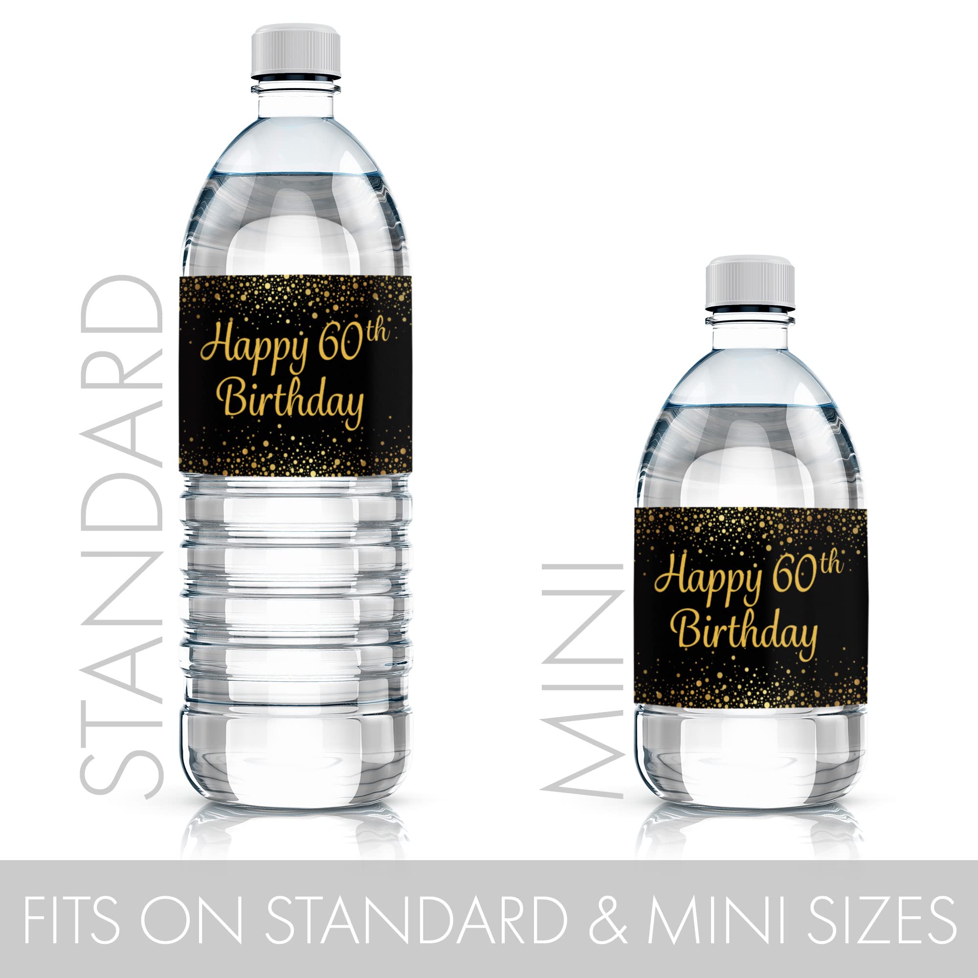 Black and Gold 60th Birthday Party Water Bottle Labels - 24 Stickers, 60th Birthday Decorations