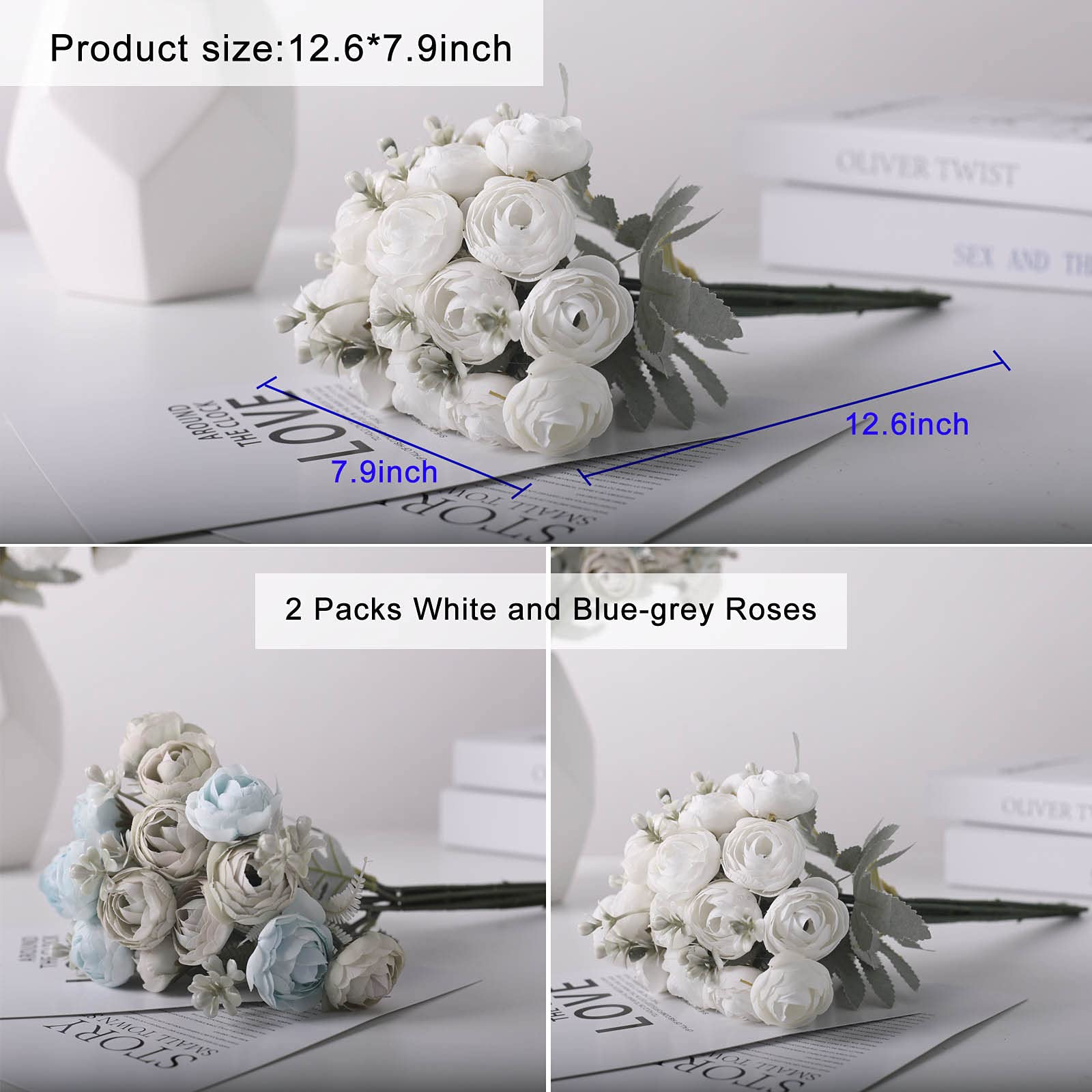 JANESOTO 2 Bundles 36 Artificial Flowers Fake Roses with Stems,Silk Bouquet Home Decorations for Office Table,Garden Party,Bridal,Bedroom,Kitchen Without Vase (White and Blue)