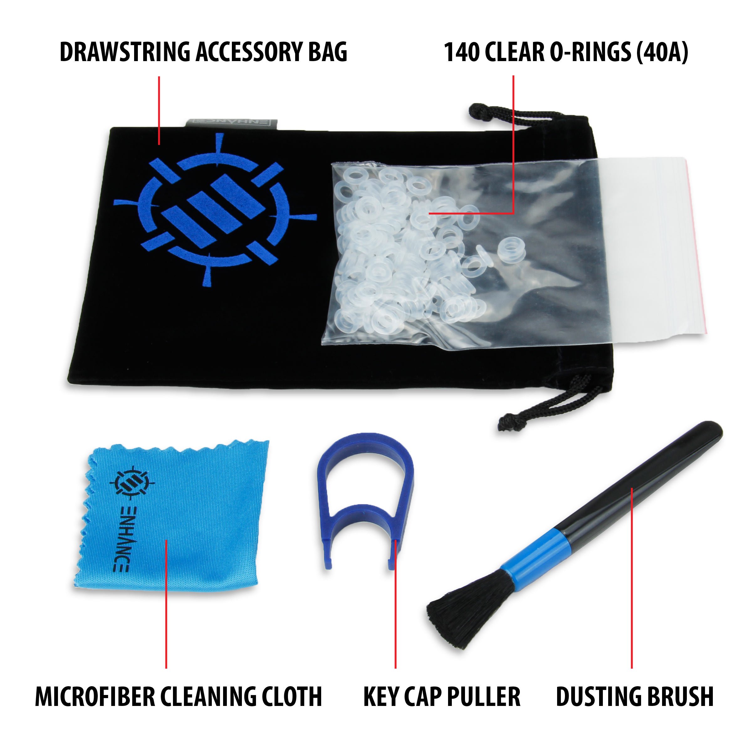 ENHANCE Mechanical Keyboard O Ring Ultra-Quiet Switch Sound Dampeners Kit Soft 40A Clear (140pcs), Key Cap Remover, Cleaning Brush, Cloth and Accessory Bag - Mod Kit for Cherry MX, TTC, Kaihua