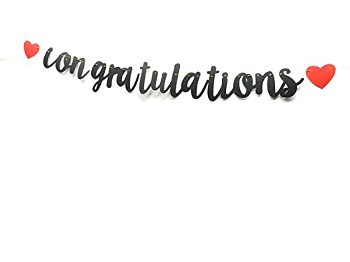Congratulations Banner Black Letters & Red Symbol Hanging Paper Sign Decorations for Graduation, Achievement Party Celebrations, Wedding, Retirement, Bridal Shower, Shower Pre-Strung