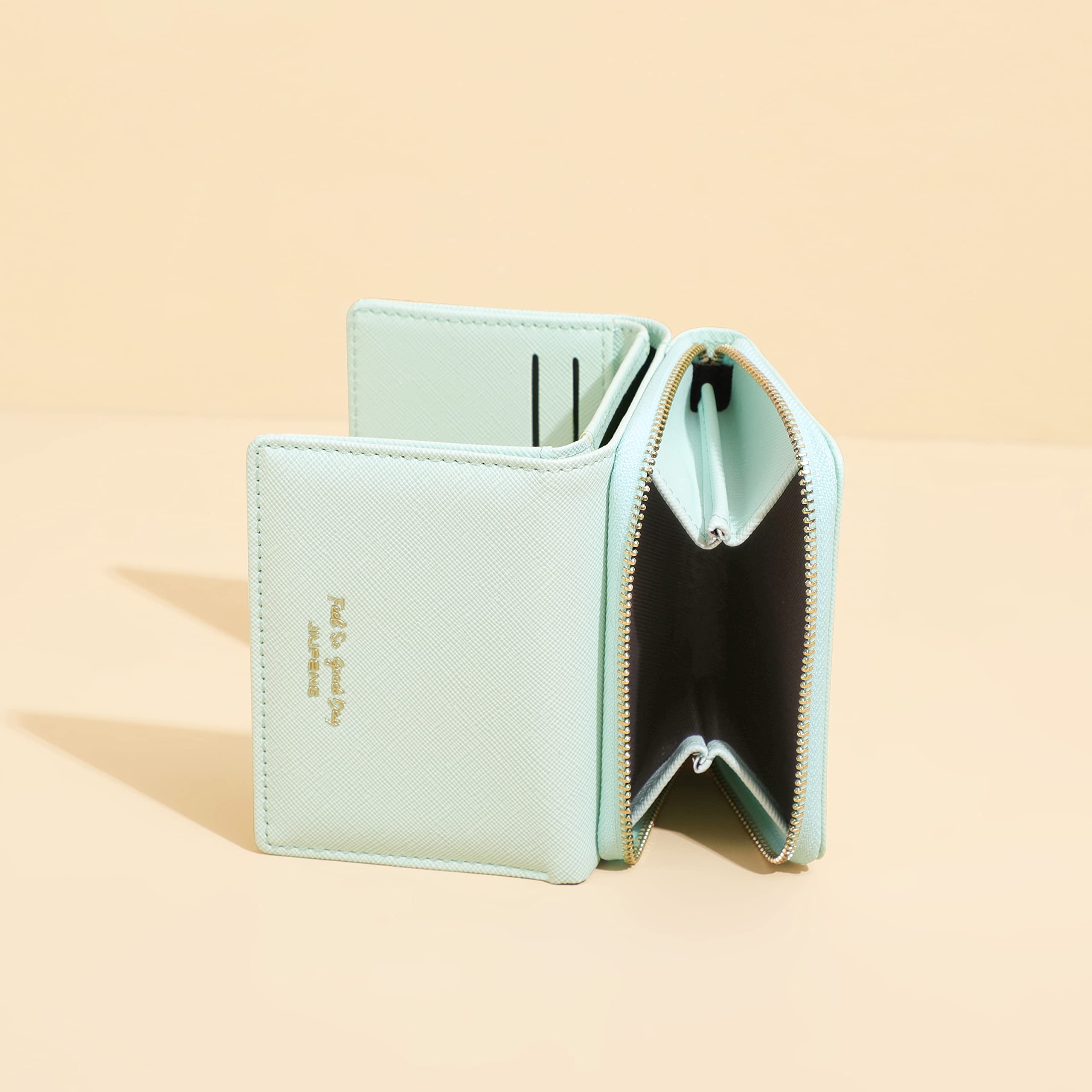 JIUFENG Women's RFID Blocking Short Wallet Multi Purpose Zipper Folded Purses Coins Pouches Multi-card Position Card Organizer (Green)