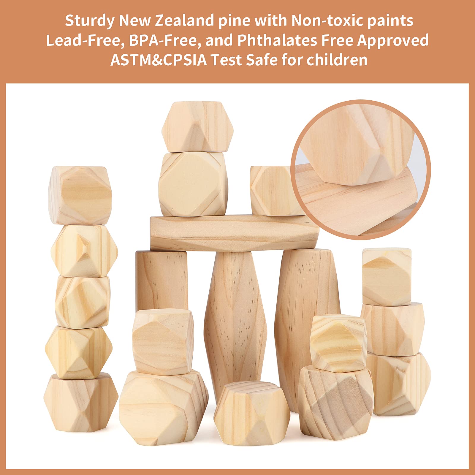 FOPNETS Wooden Sorting Stacking Balancing Stones 20 PCS Natural Wood Rock Set Educational Preschool Learning Toys Large Small Building Blocks Game Stones Lightweight Set for Kids 3 Years Old