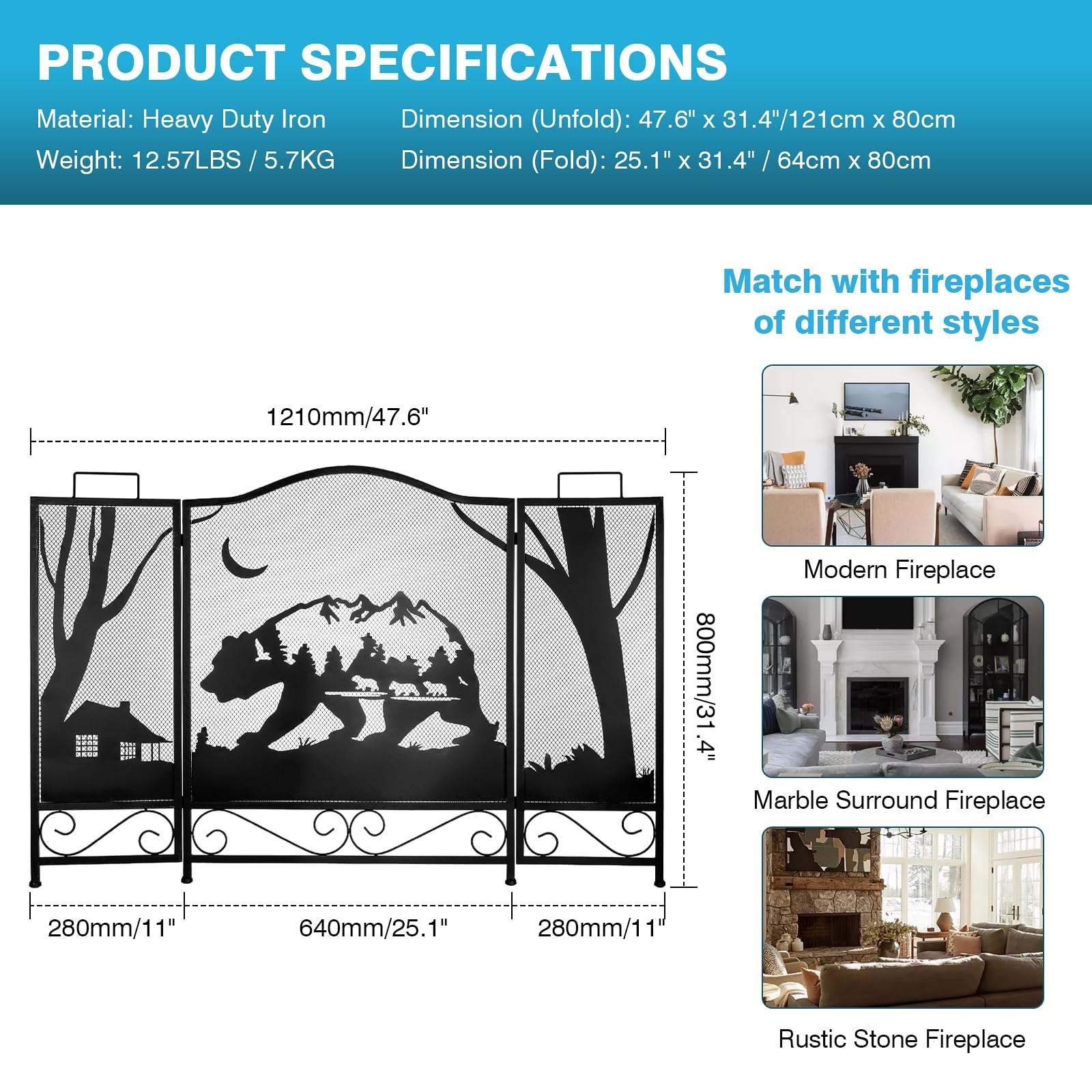 IRONWALLS 3-Panel Folding Fireplace Screens Decorative, 47.6” x 31.4” Metal Bear Fireplace Screens Fire Screen Gate Fence Spark Guard Kid Proof, Heavy Duty Fireplace Screen Black for Home Farmhouse
