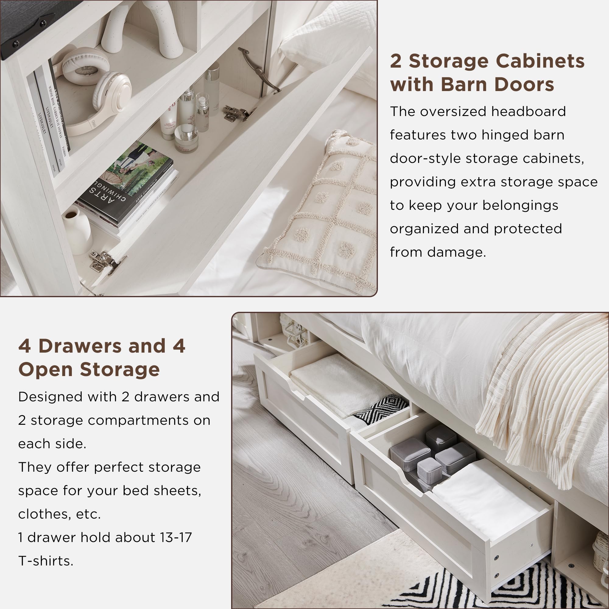 ACCOHOHO King Size Wood Bed Frame Farmhouse with 52" Tall Storage Bookcase Headboard, LED Light,Charging Station,4 Drawers and Solid Wood Slats Support,Noiseless,No Box Spring Needed- Luxury White