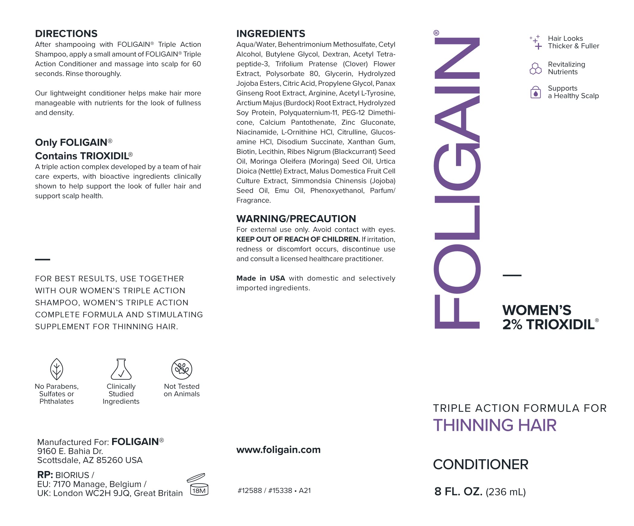 Foligain Triple Action Conditioner For Thinning Hair, Volumizing Conditioner for Women, 8 Fl. Oz.