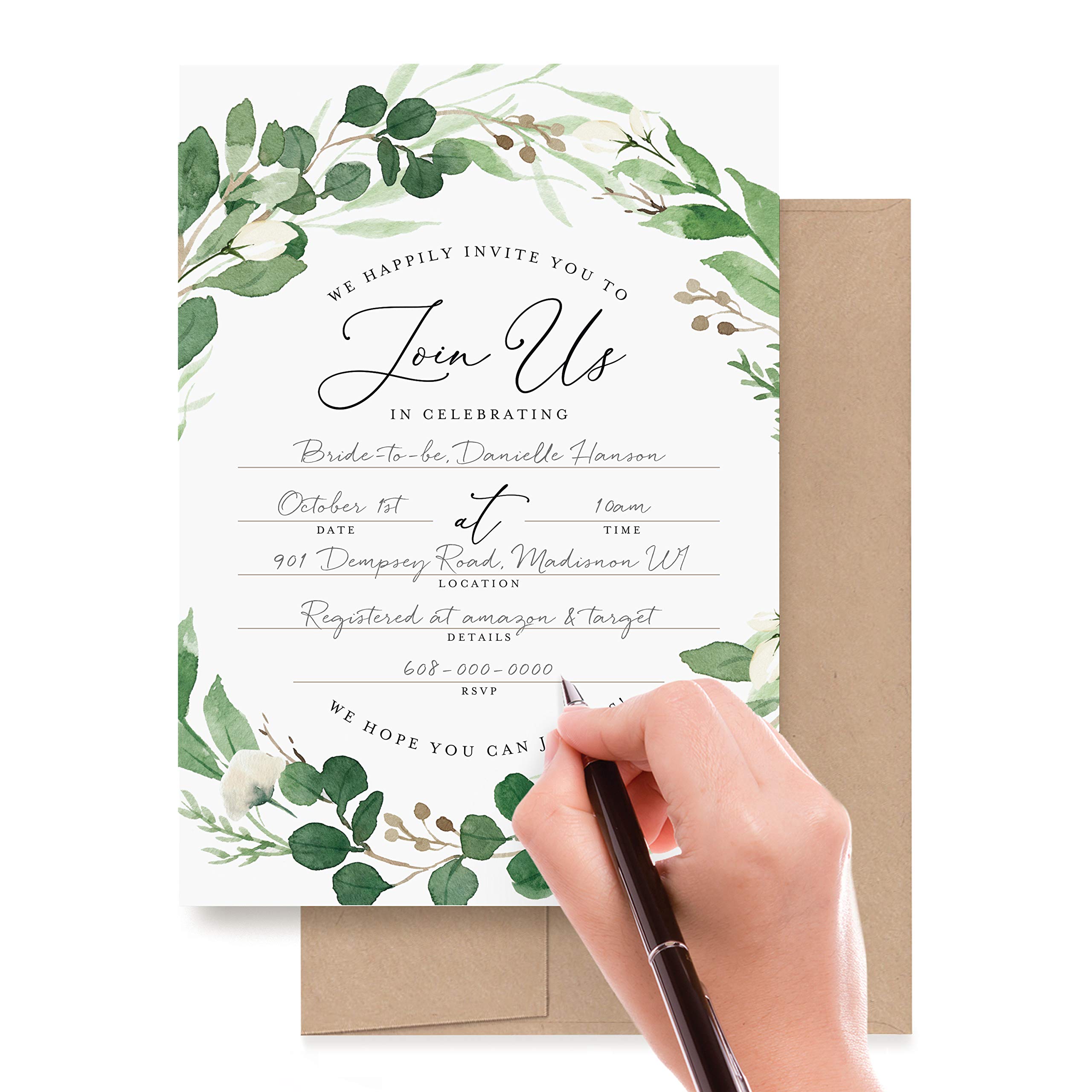 Bliss Collections Invitations with Envelopes for All Occasions, Invites Perfect for: Weddings, Bridal Showers, Engagement, Birthday Party or Special Event, Pack of 25 5x7 Cards - Eucalyptus