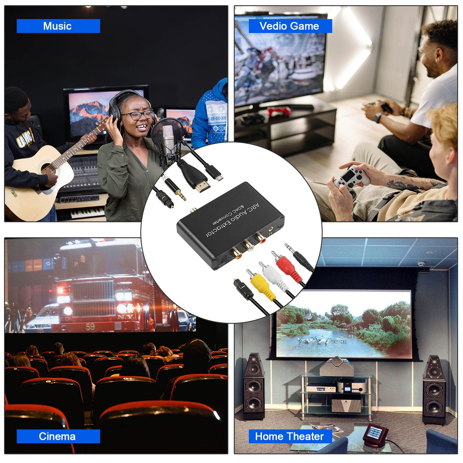 HDMI ARC Audio Extractor 192KHz DAC Converter ARC Audio Extractor Support Digital HDMI Audio to Analog Stereo Audio RCA L/R Coaxial SPDIF and 3.5mm Jack ARC Audio Adapter for TV