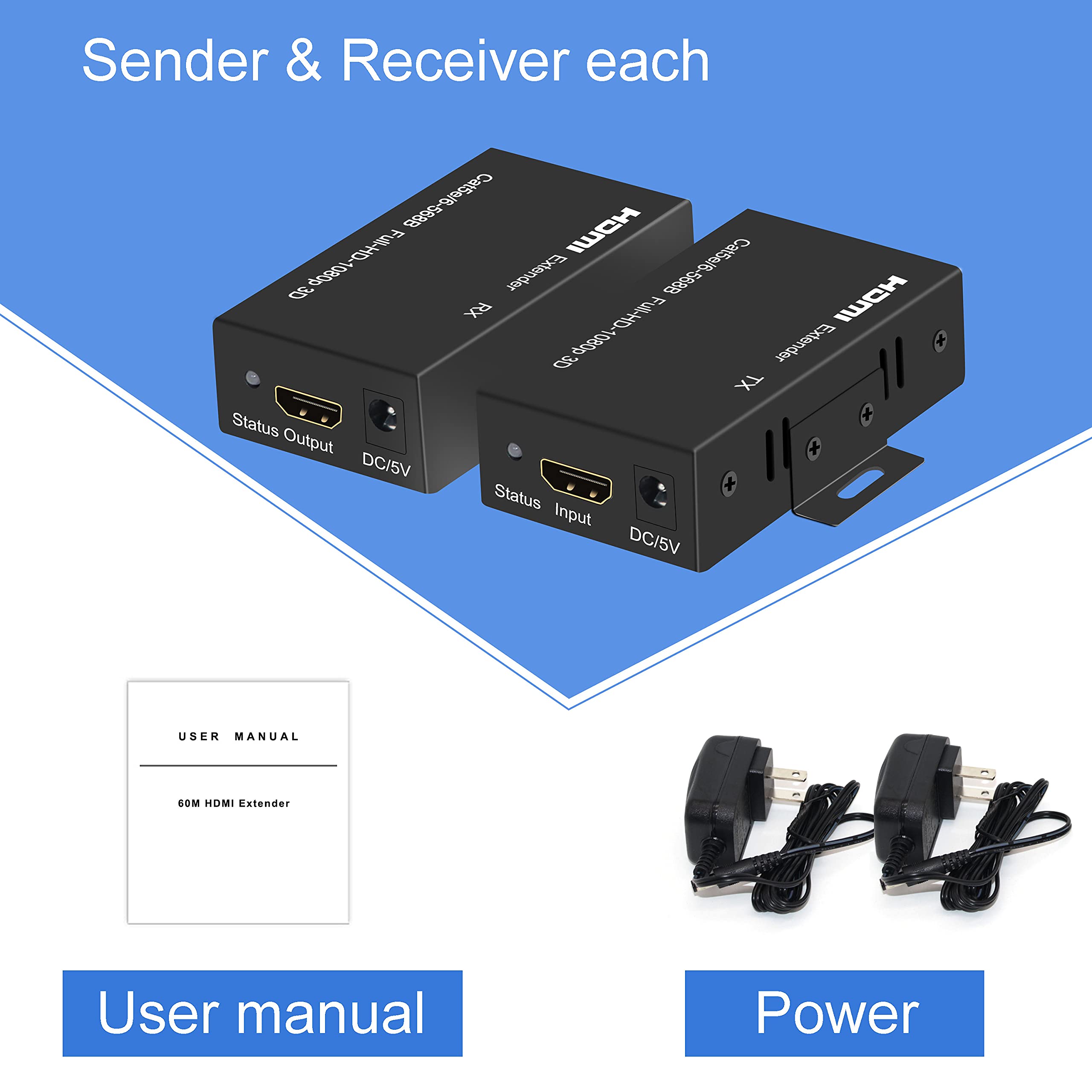 HDMI Extender 196ft HDMI Over Single Cat5E/6/7 HDMI Repeater HDMI Balun Sender Transmitter Receiver Support 1080p 3D HDMI 1.4a HDCP EDID