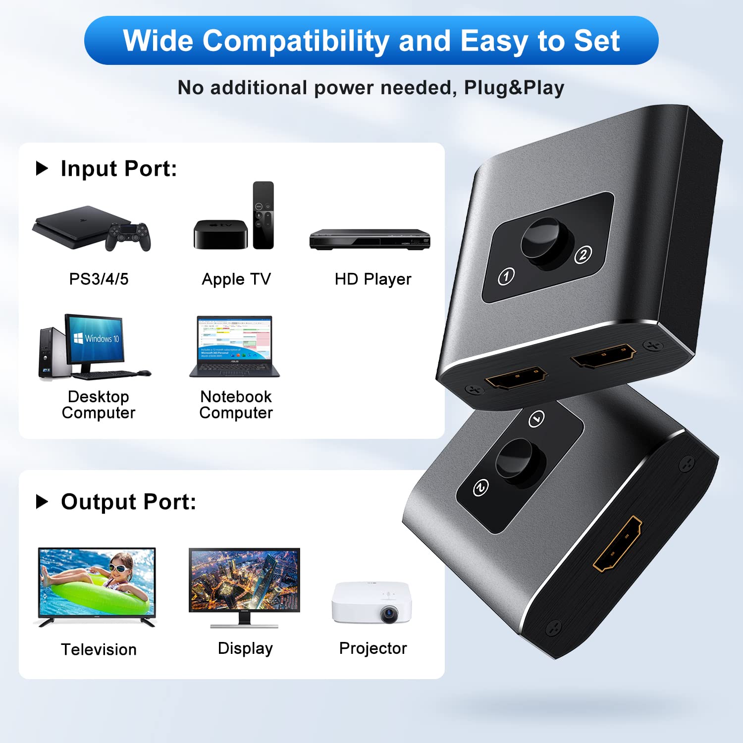 HDMI Splitter 4K HDMI Switch-Tekholy Aluminum Bidirectional HDMI Splitter 1 in 2 Out, HDMI Switcher Supports 4K 3D 1080P for Xbox PS5/3/4 Fire Stick Roku Blu-Ray(HDMI Cable NOT Include)