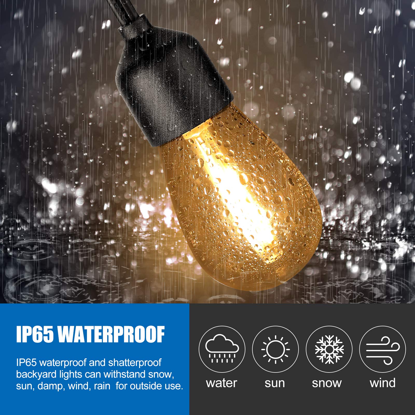 JOYSTA Outdoor String Lights - Waterproof Patio Light String 48FT with 15 Hanging Sockets IP65 Weatherproof Yard Lights 1w S14 Bulbs Lighting for Party Bistro Backyard Garden Cafe