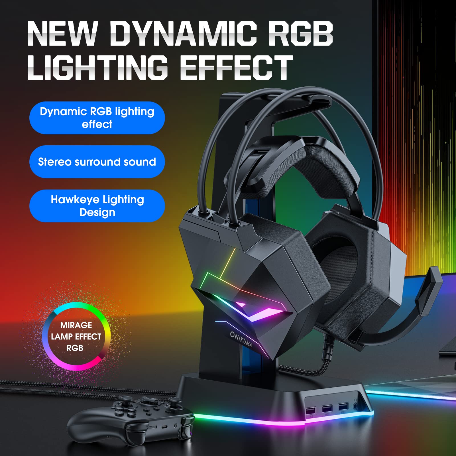 ONITOON Gaming Headset, PS4 7.1 Surround Gaming Headphones with Noise Cancelling Microphone, RGB Streamer Effect, Ultralight Comfortable Soft Flying Wing Head Beam for PS5, PSP, Laptop (7.1 Surround)