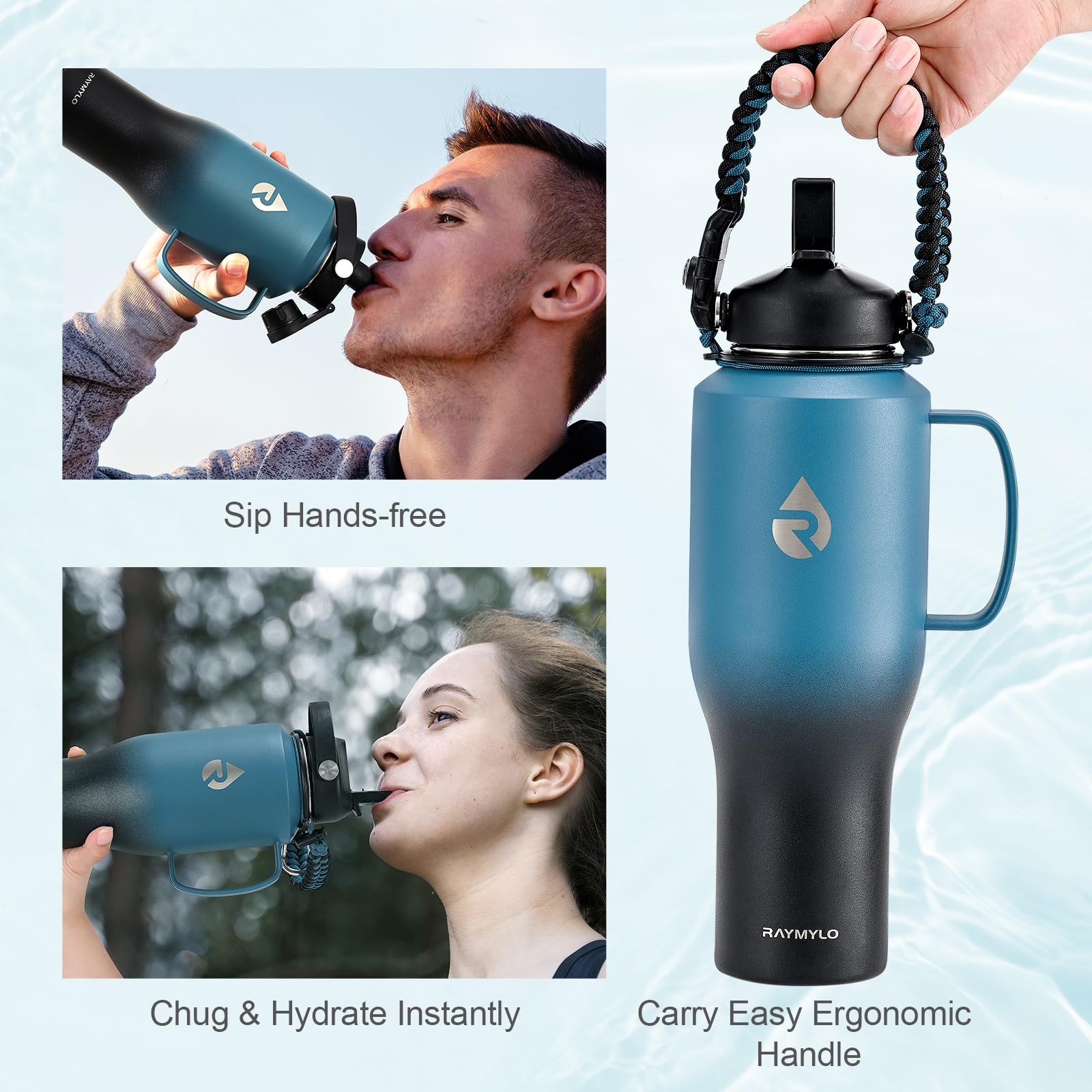 RAYMYLO Insulated Water Bottle 40oz (Cold for 48 Hrs), Stainless Steel Water Bottle with Handle & Straw Lid & Paracord Handle, Triple Wall Vacuum Leakproof Travel Flask, Fit in Any Car Cup Holder