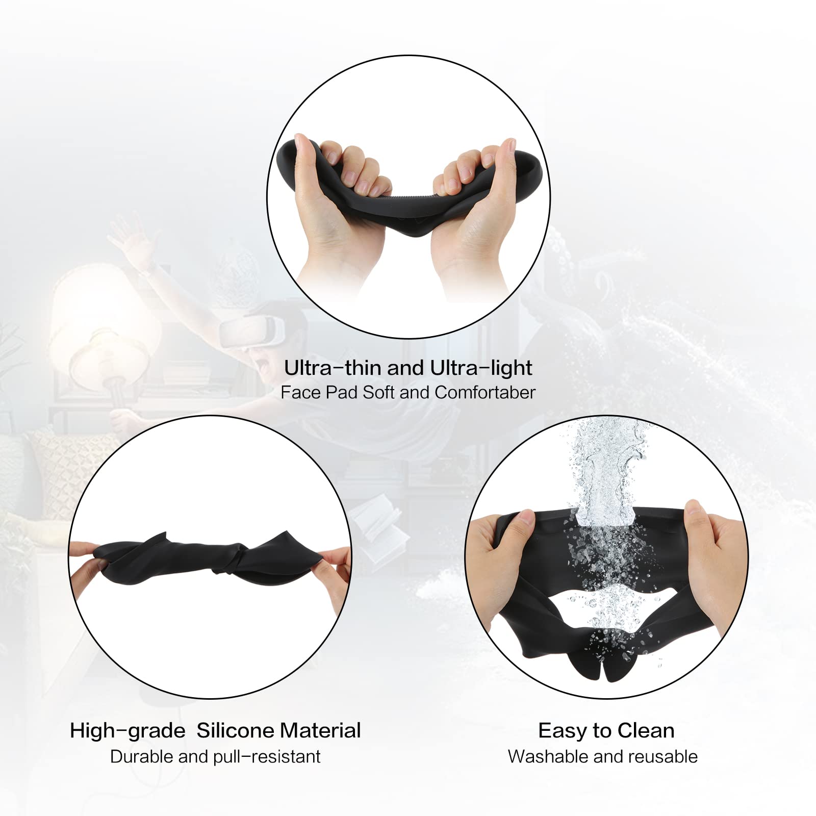 VR Silicone Face Covers Compatible with Oculus Quest 2,Light-Thin VR Face Pads,Waterproof Anti-Dirty Replacement Facial Cushion VR Pads Accessories(Black)