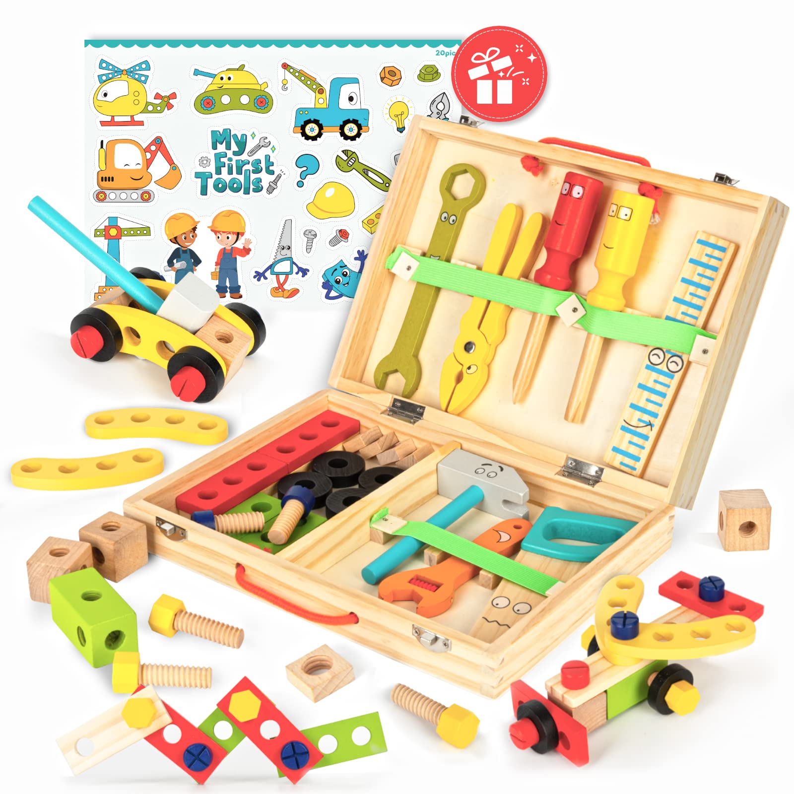 Rundad Wooden Kids Tool Set – 37 PCS Tool Kit Box with Stickers of My First Tools, Montessori Toys for 2 3 4 Year Old Boy Gift, Tool Construction Set for Toddler Ages 3-5