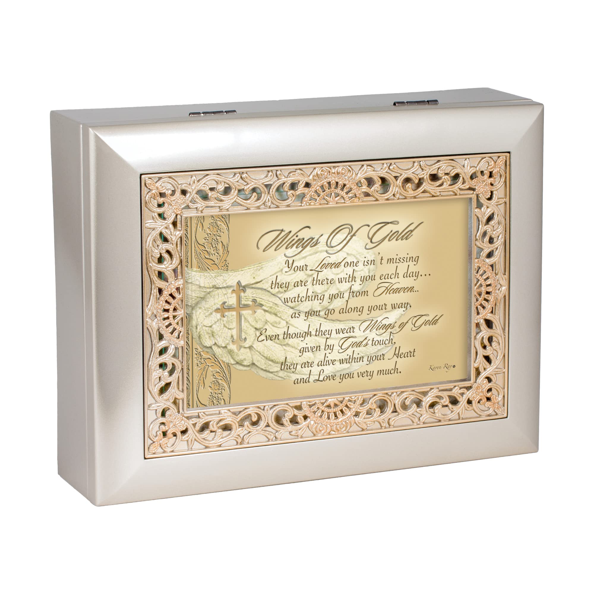 Cottage Garden Wings of Gold Loved One Watching Silvertone Gold Ornate Inlay Music Box Plays Wind Beneath My Wings