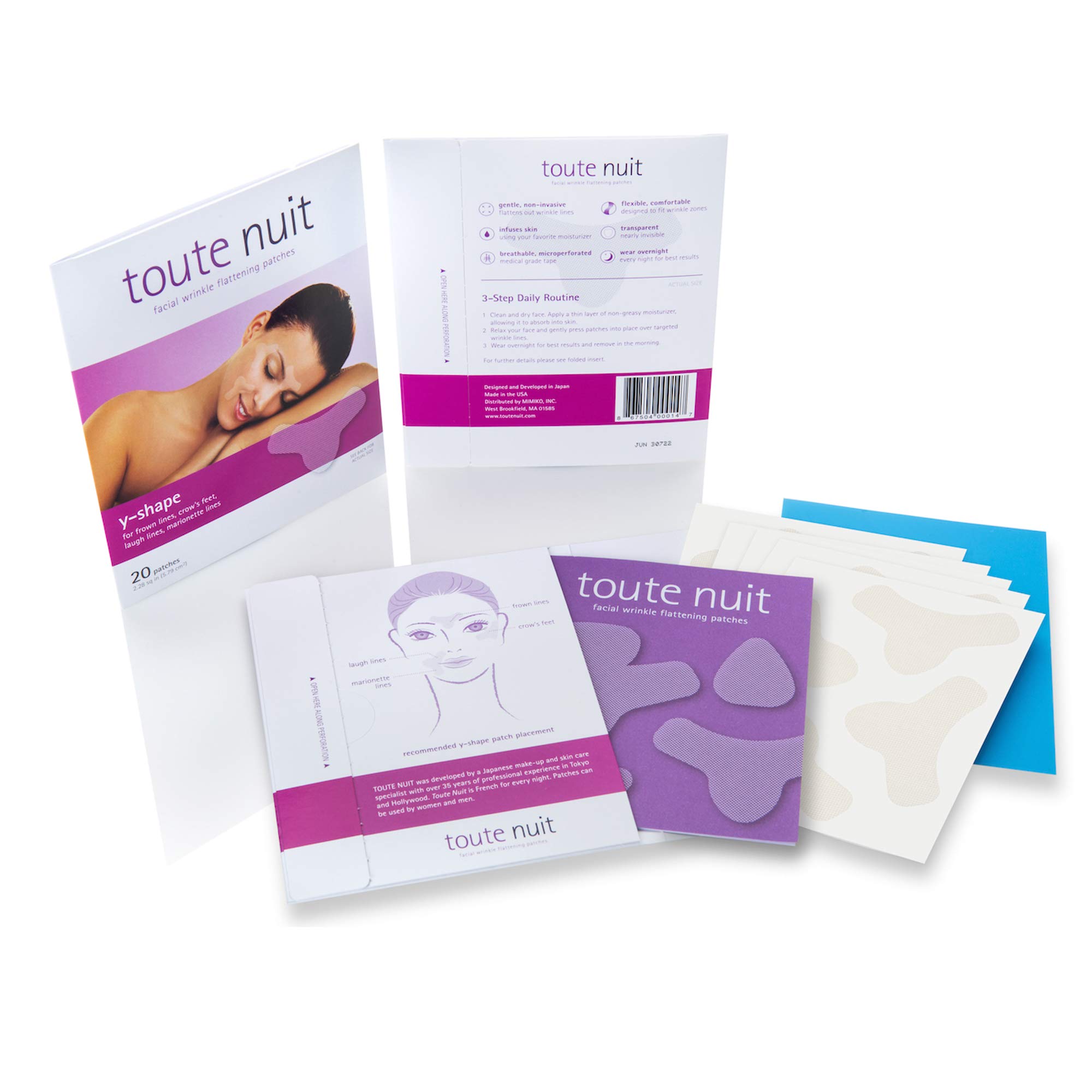 Toute Nuit Facial Wrinkle Patches, Face Tape, Y-Shape, Frown Lines, Around Eyes and Mouth, 20 Patches