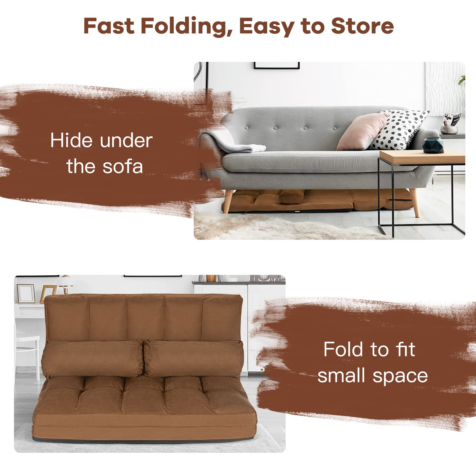 GOFLAME Convertible Floor Sofa, 6-Position Floor Couch with 2 Removable Pillows & Thick Sponge Cushion, Floor Cushion Couch, Load 330LBS, Adjustable Lazy Floor Sofa Bed for Living Room Bedroom, Black