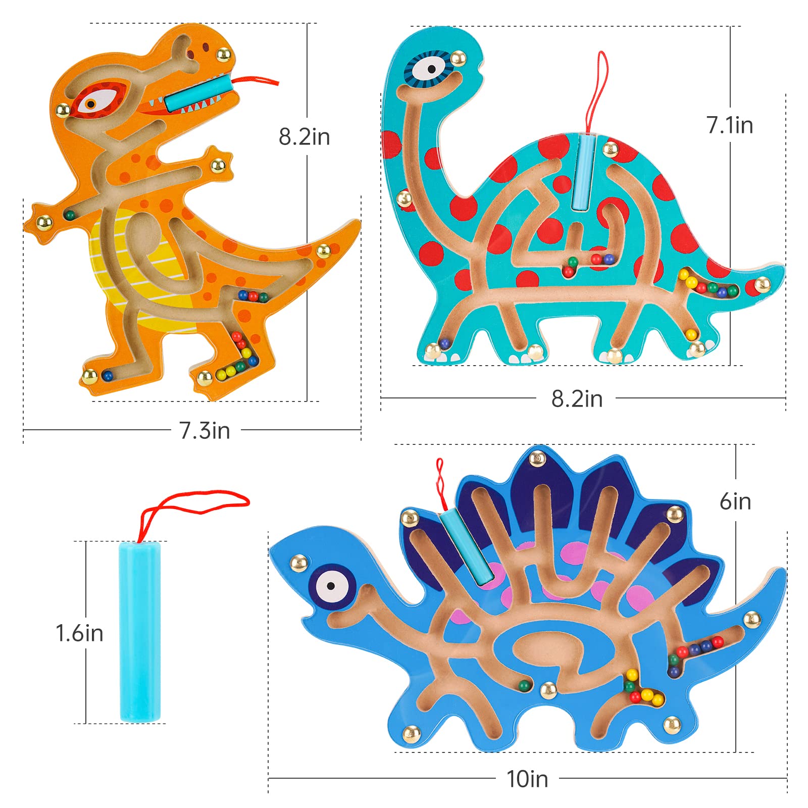 NiToy 3-Pack Wooden Magnetic Maze Toys for Kids 3+, Dinosaur Interactive Puzzle Game Boards Montessori Labyrinth STEM Activity Child Fine Motor Skill Development Preschool Birthday Gifts (3 Dinosaurs)