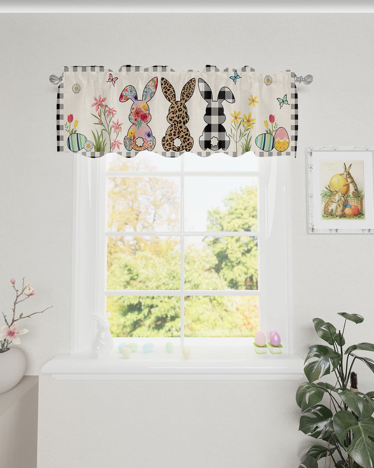 Valance Curtain for Kitchen Windows Happy Easter Fashion Leopard Gorgeous Flower Plaid Bunny Dream Garden Elegant Bathroom Window Curtain Valance Rod Pocket for Bedroom Living Room, 1 Panel