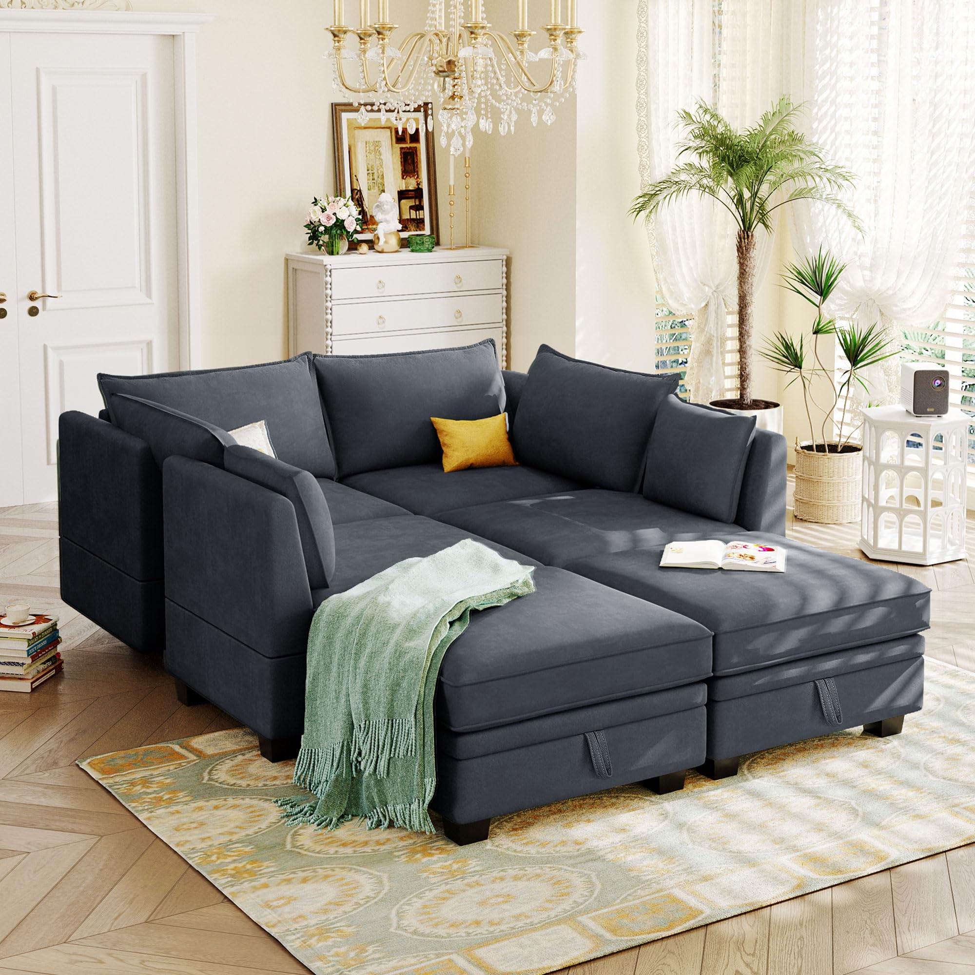 Merax Modular Sectional, Convertible Sofa Bed with Reversible Chaise for Living Room, Dark Gray