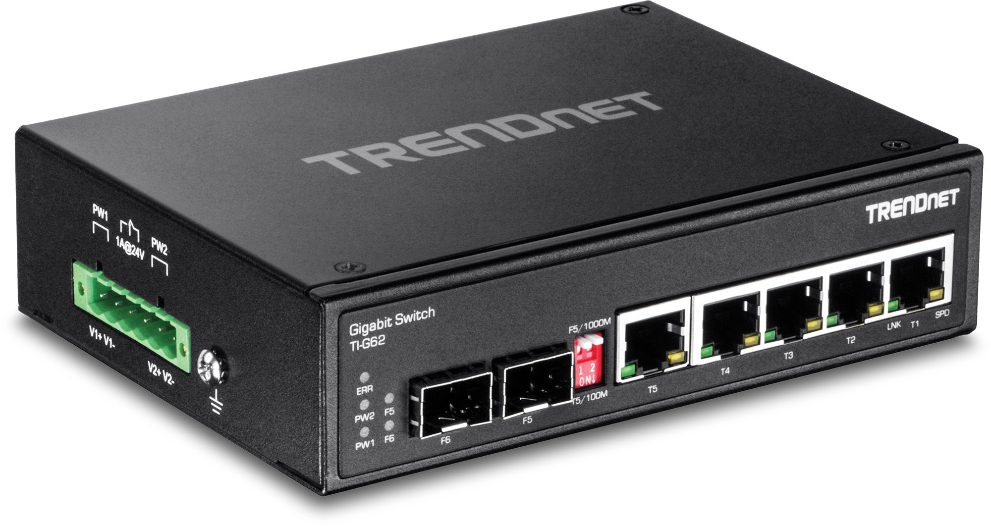 TRENDnet 6-Port Hardened Industrial Gigabit DIN-Rail Switch, 12 Gbps Switching Capacity, IP30 Rated Metal Housing (-40 to 167 ºF),DIN-Rail & Wall Mounts Included,Lifetime Protection,Black,TI-G62