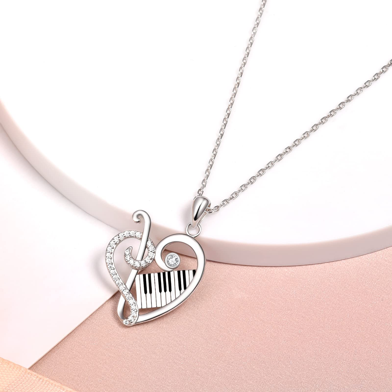 ACJNA 925 Sterling Silver Heart Pendant Piano Keyboard Necklace Music Jewelry for Women(With music note)