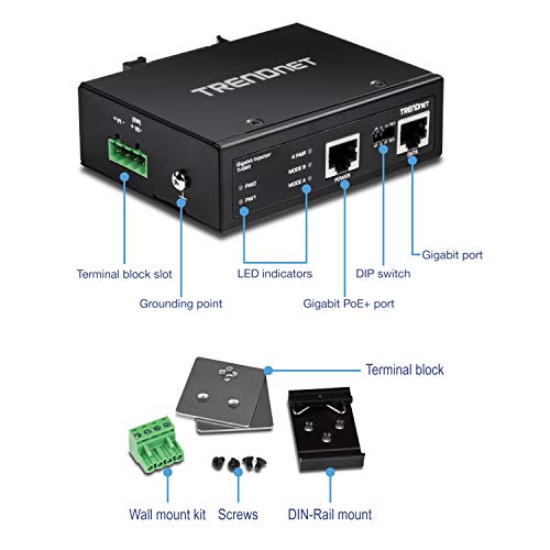 TRENDnet Hardened Industrial 60W Gigabit PoE+ Injector, DIN-Rail Mount, IP30 Rated Housing, Includes DIN-Rail & Wall Mounts, TI-IG60,Black