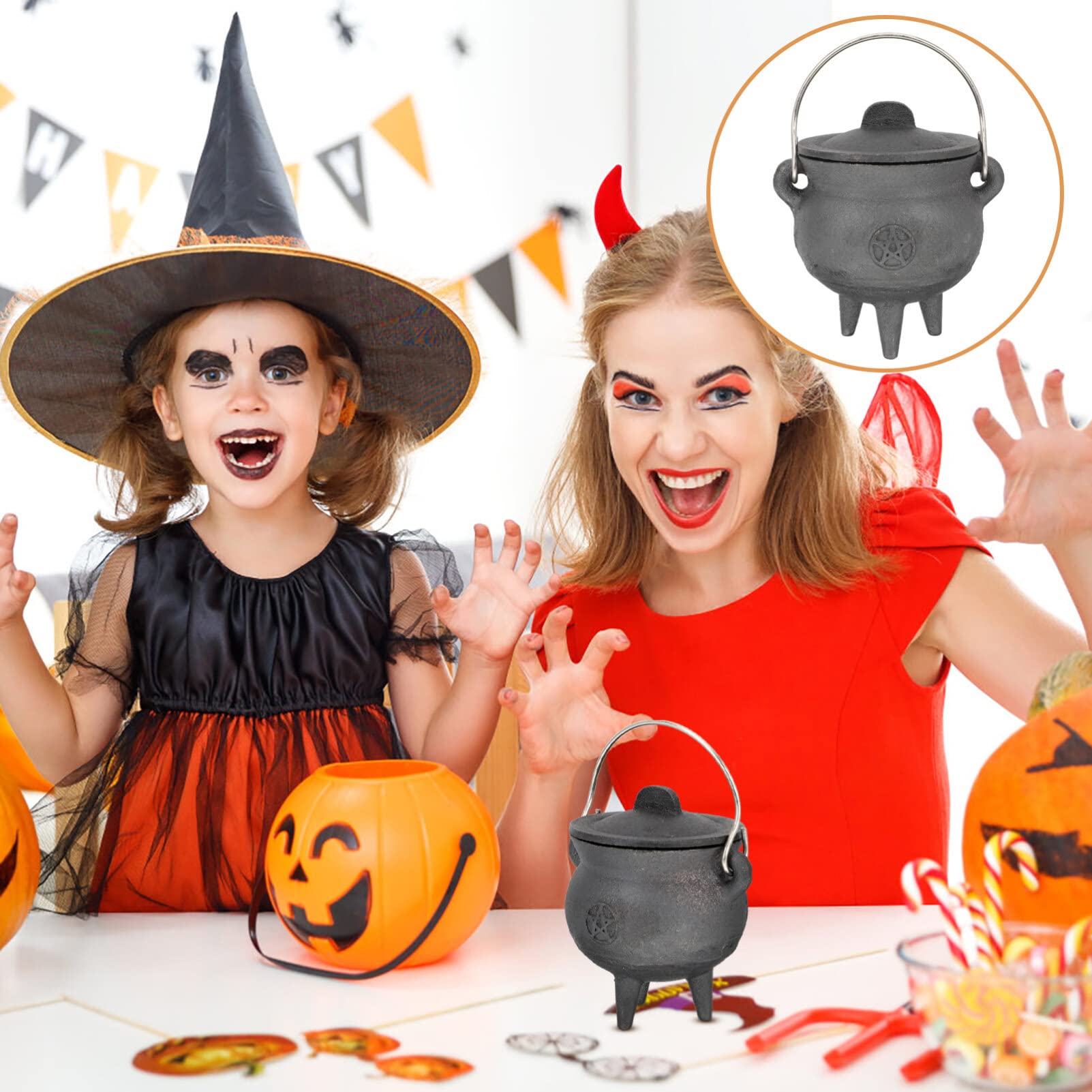 DOITOOL Cast Iron Cauldron with Lid and Handle, Halloween Witch Cauldron, Black Witch Pot for Smudging, Incense Burning, Halloween Decoration (Threephase Moon)