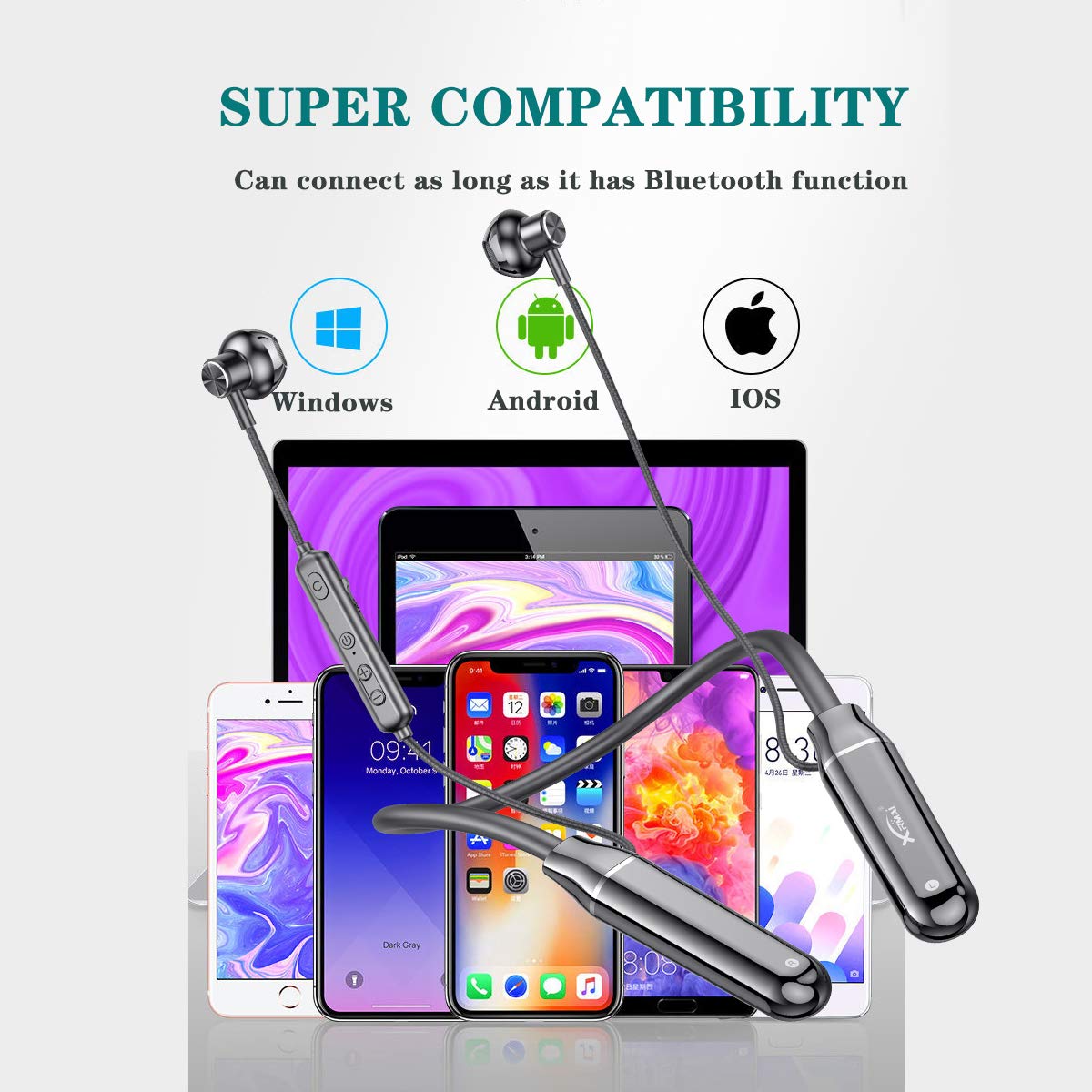 Bluetooth Headphones Neckband,100 Hours Long Battery Life,Built-in Noise Cancelling Microphone,Wireless Neckband Headset for Sports Behind Neck Headphones Stereo for Android Waterproof Neck Headset