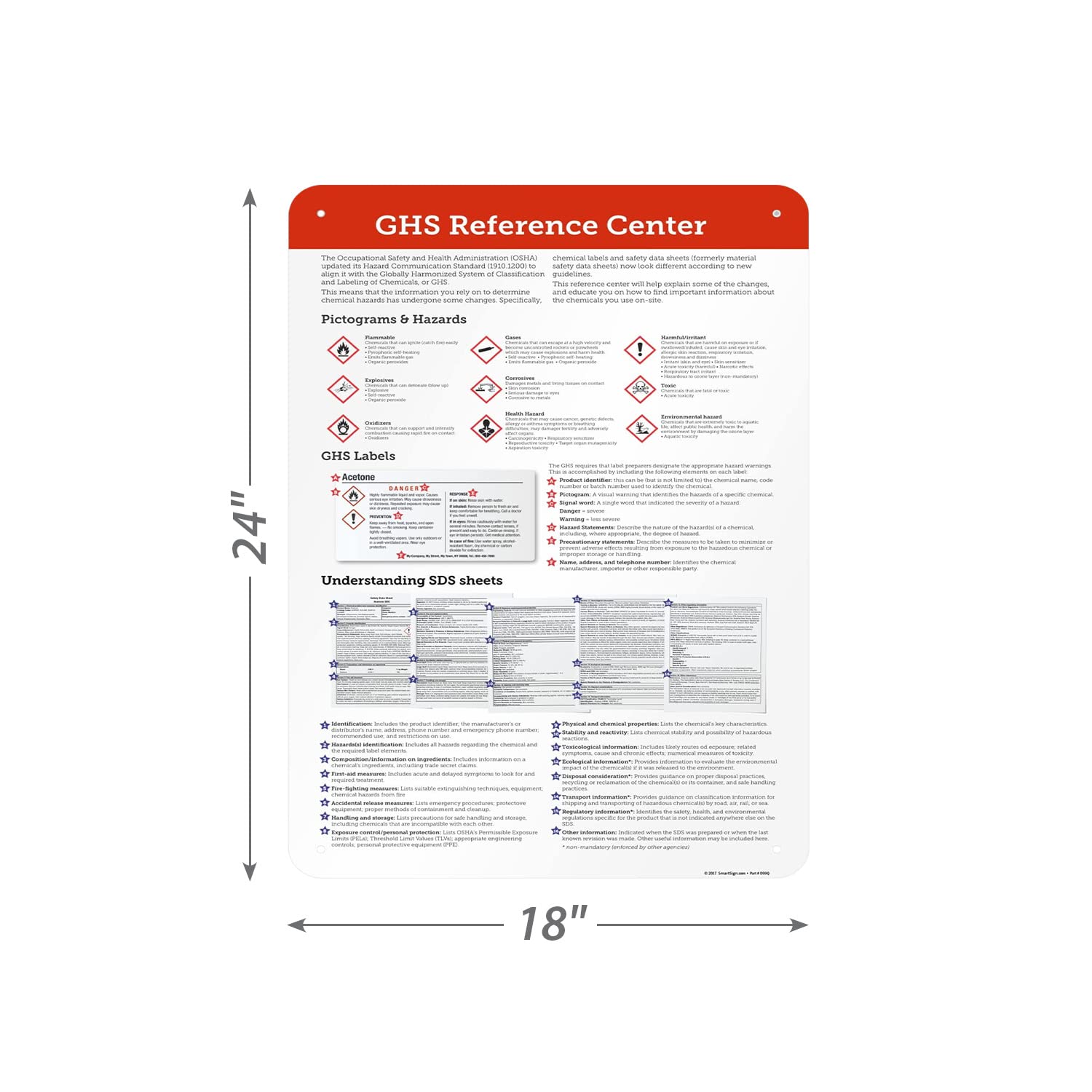 SmartSign 18 x 24 inch Safety GHS Poster “GHS Reference Center - Pictograms And Hazards, GHS Labels, Understanding SDS Sheets” 55 mil Tear-Resistant Plastic, Pre-Drilled Holes, Multicolor, USA-Made