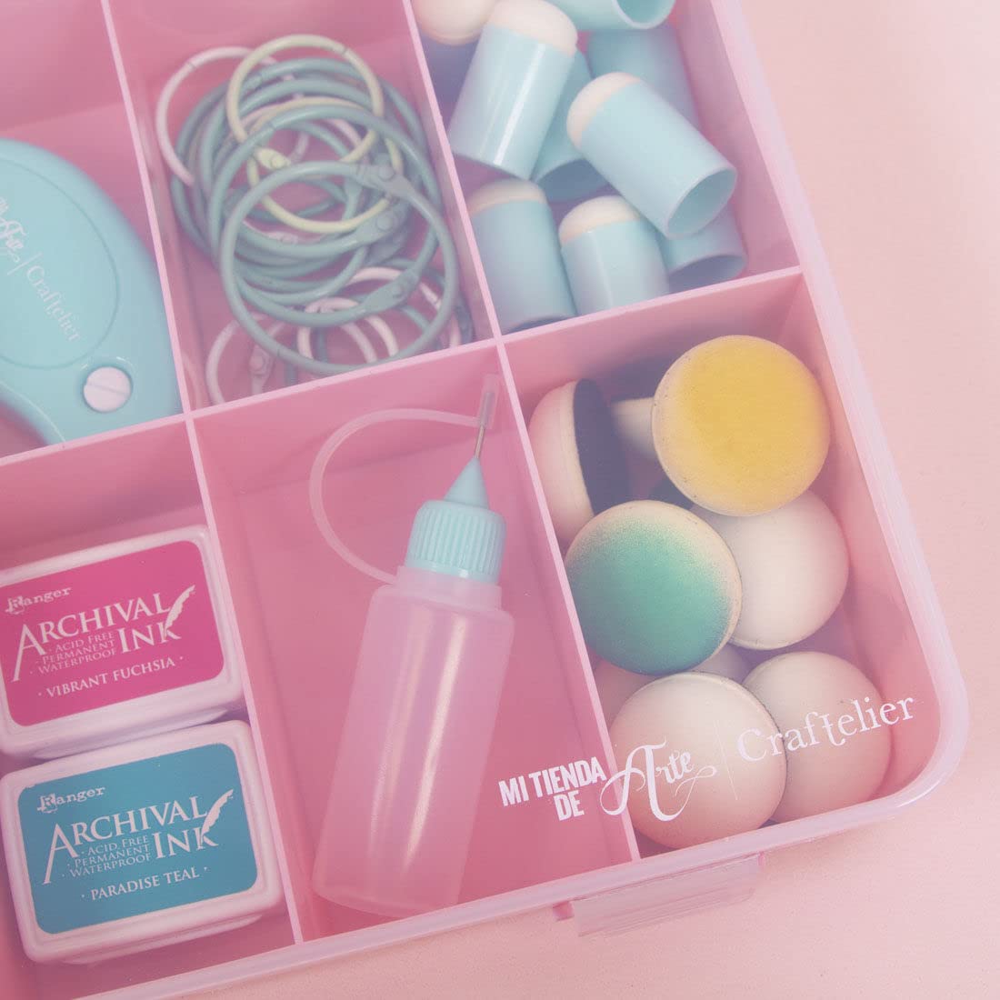 Craftelier - Organizing Box with 10 Compartments for Scrapbooking and Craft Materials | Dimensions 26.5 x 17.8 x 4.2 cm (10.4β x 7β x 1.65") - Pink and Transparent Color