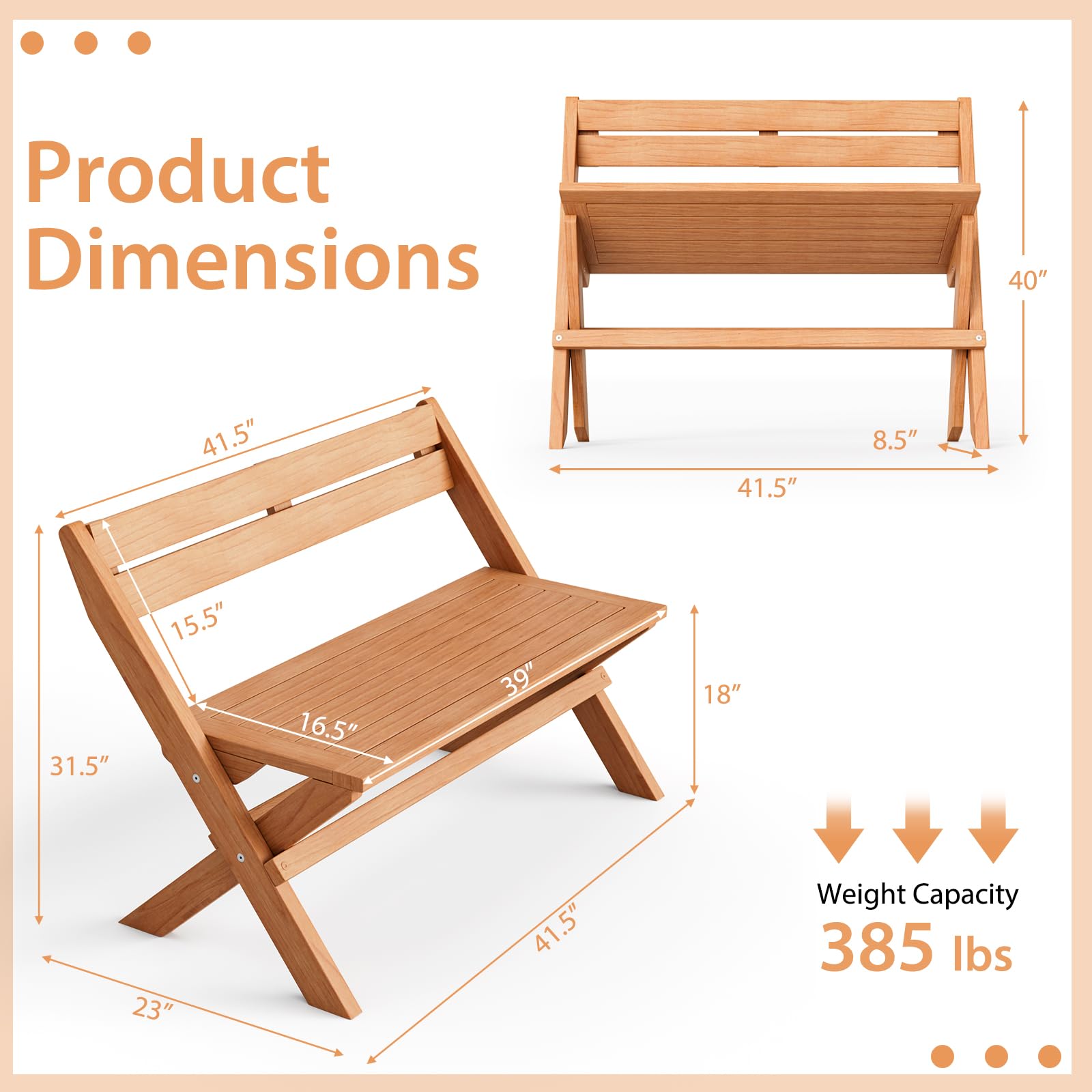 Giantex Wood Outdoor Bench Folding - 2-Person Patio Garden Bench with Solid Teak Wood Structure, Natural Appearance, Foldable Park Bench for Patio, Porch, Backyard, Poolside, Outside Bench Seat