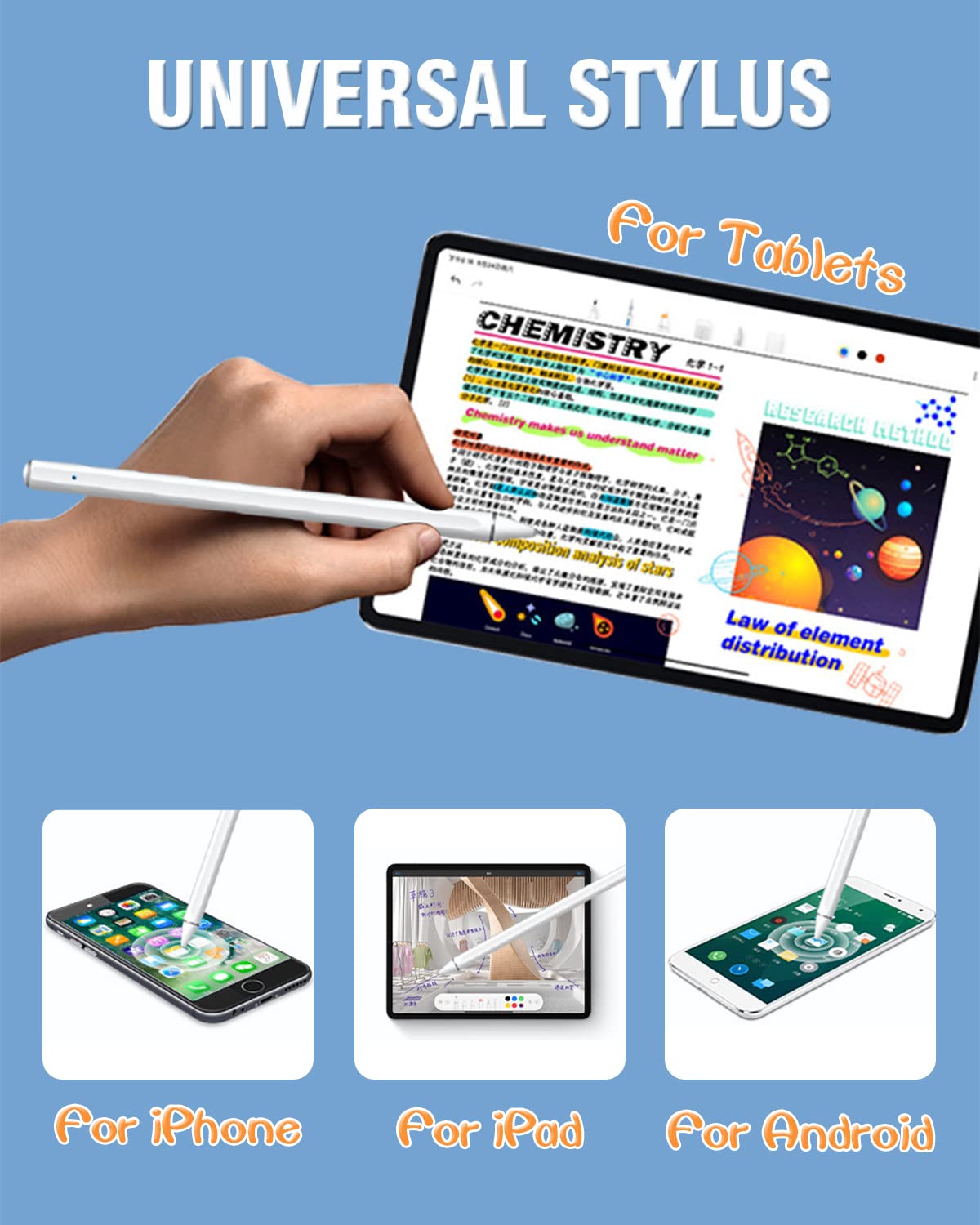 Active Stylus Pen for Touch Screens, High Precision Rechargeable Universal Stylus Pen for iPad Pro Air Mini, Pencil Compatible with Apple/Samsung/iPhone/Android/Microsoft Tablets/Smart Phones/Surface