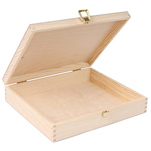 Creative Deco Wooden Storage Box Unpainted Plain | 11.41 x 9.84 x 2.55 in | Golden Latch & Lid | Perfect for Storing Valuables & Small Items in The Office or Bedroom | Keepsake Memory Trinket Chest