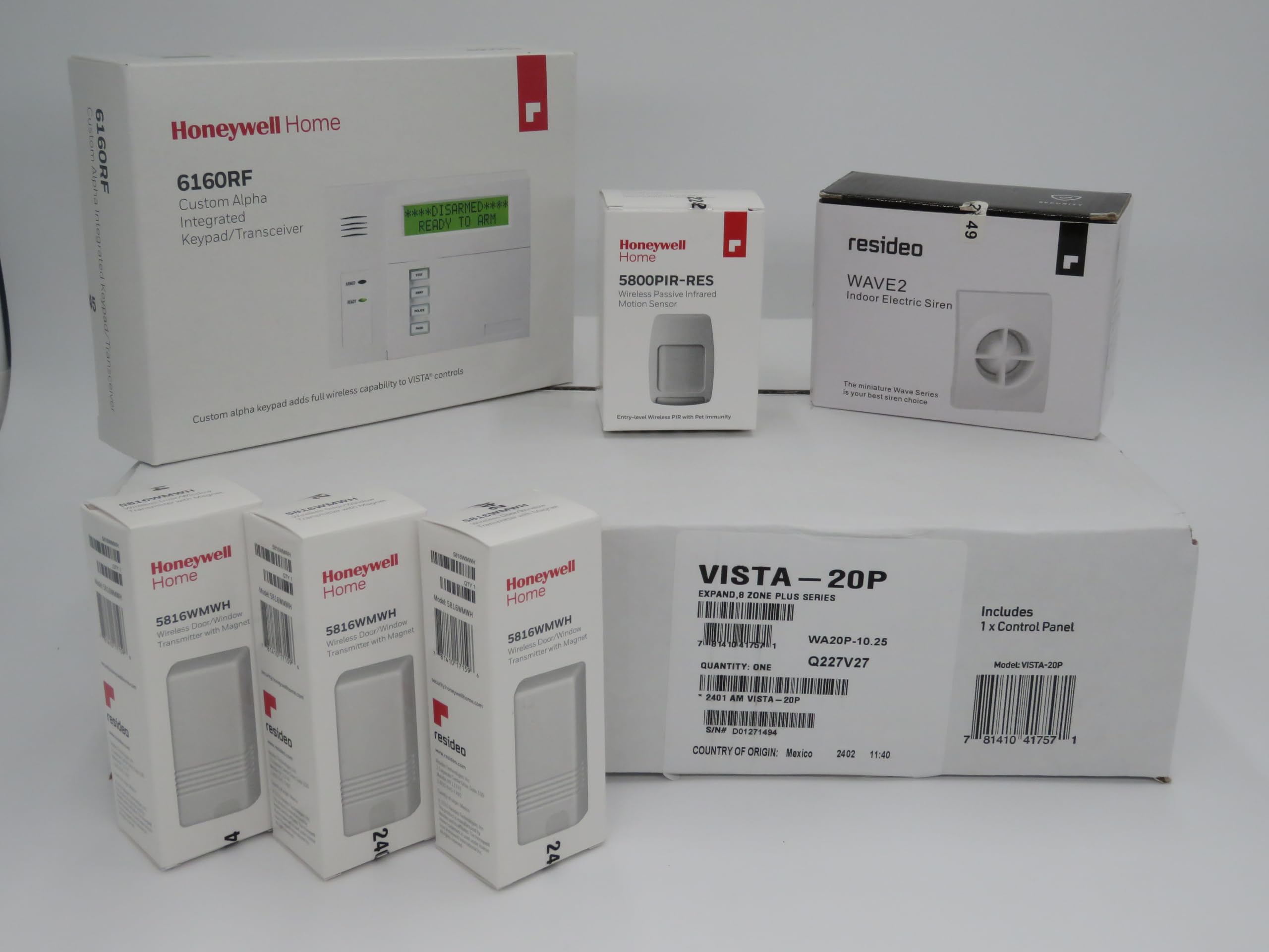 Honeywell Vista 20P Wireless Kit with a 6160RF Keypad, One 5800PIR-Res Motion Sensor, Three 5816WMWH Door/Window Contacts, and a WAVE2 Siren