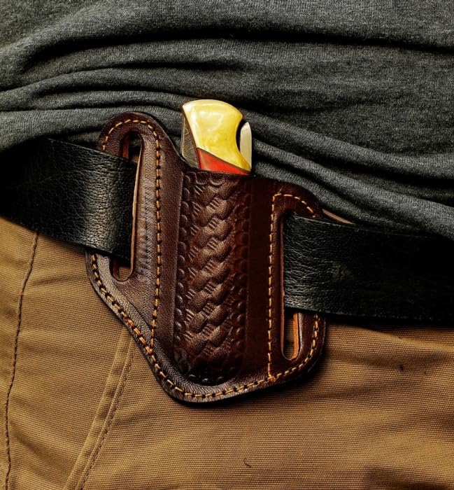ADAM KNIVES Leather Pocket Knife Sheath For Belt, Slanted Sheath, Tooled Leather Sheath, Beautiful Folding/Trapper Knife Leather Cover 100% Real Leather (Dark Brown)